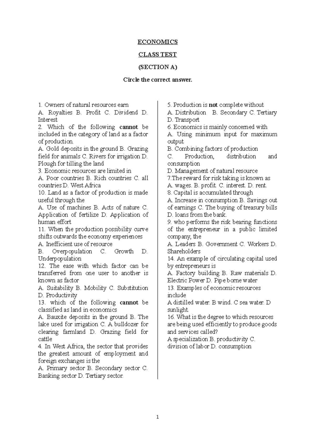 Economics - PRACTICE EXAM - ECONOMICS CLASS TEST (SECTION A) Circle the ...