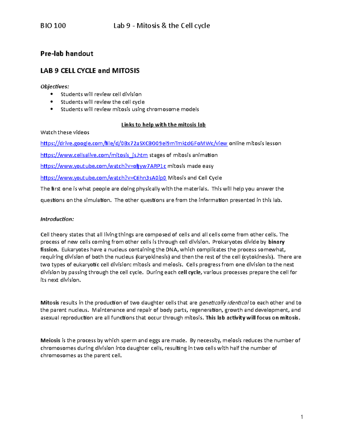 Lab 9 Mitosis prelab handout - BIO 100 Lab 9 - Mitosis & the Cell cycle ...