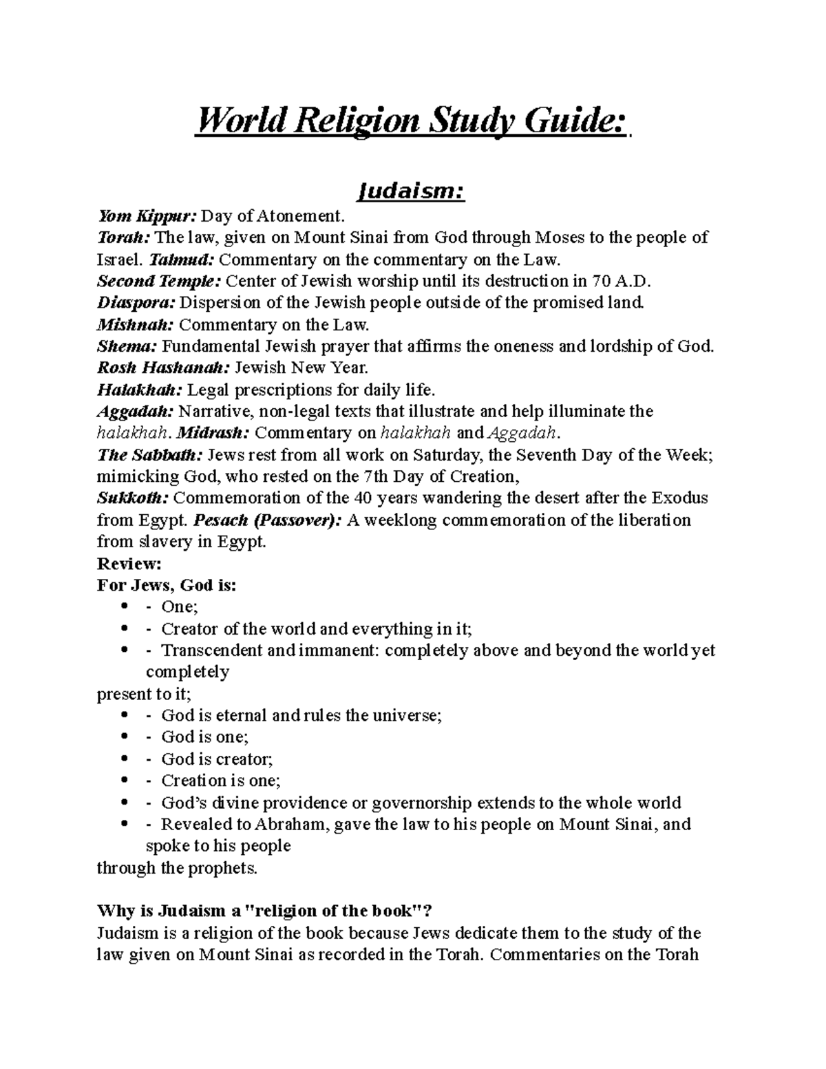 World Religion Study Guide - World Religion Study Guide: Judaism: Yom ...