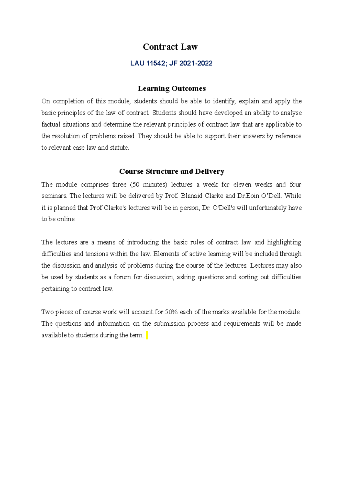 Module description - Contract Law LAU 11542; JF 2021- Learning Outcomes ...