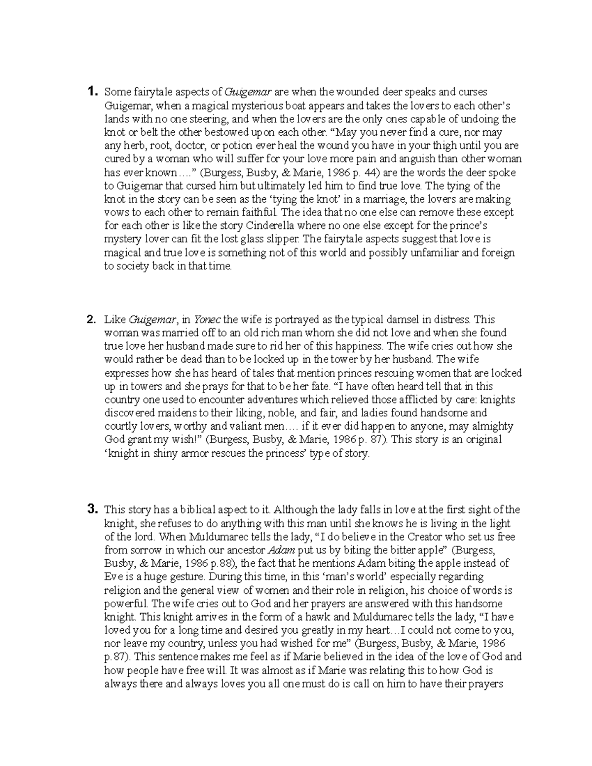 Marie De France - Grade: A - 1. Some fairytale aspects of Guigemar are ...