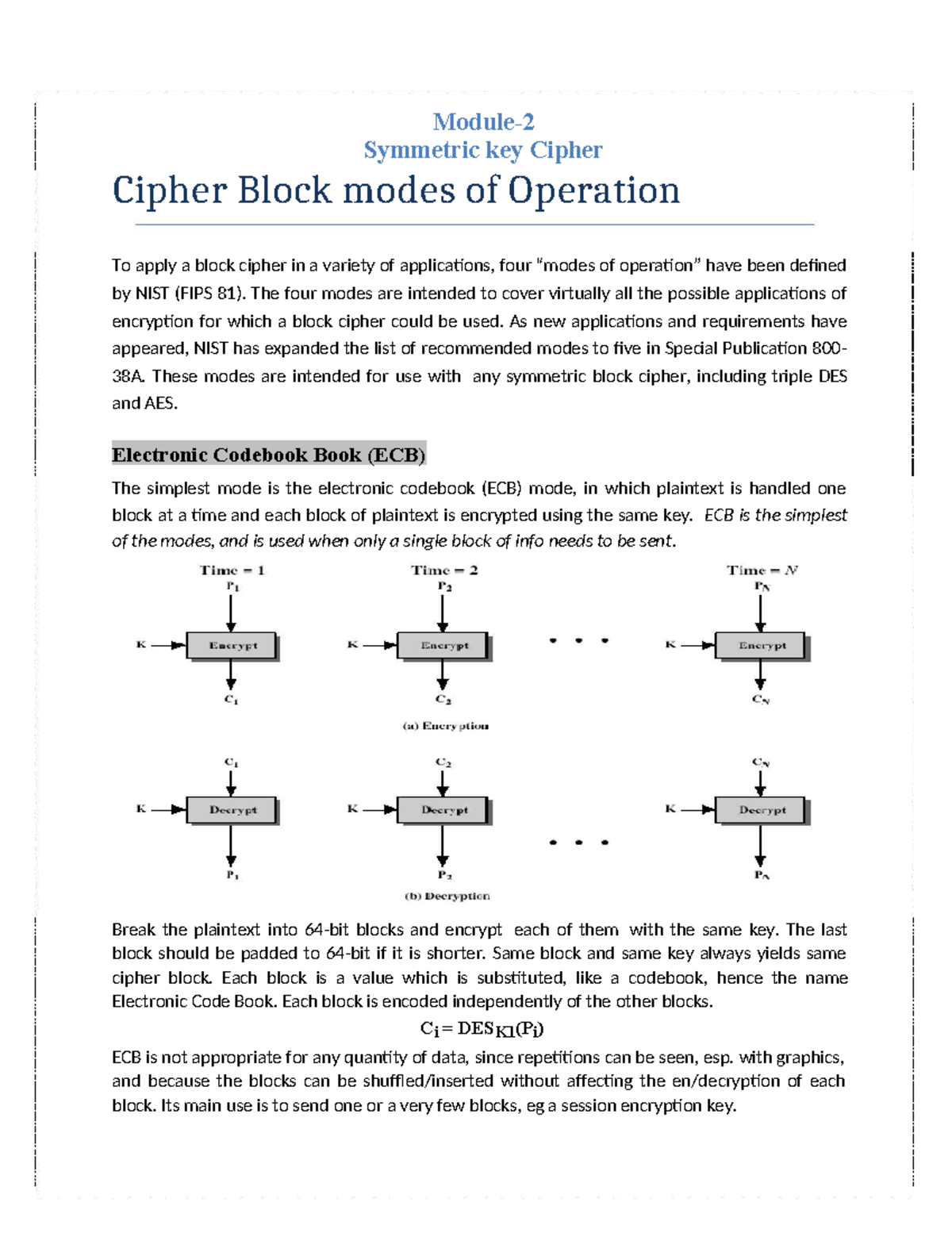 Cns Module 2 Module Symmetric Key Cipher Cipher Block Modes Of