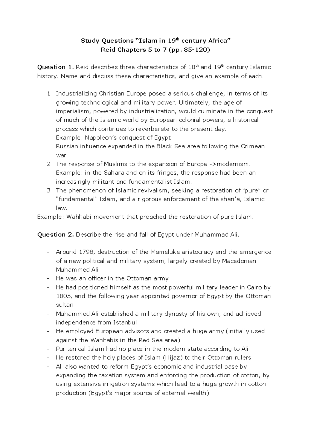 Study Questions Chapter 5-7 - Study Questions “Islam in 19th century ...