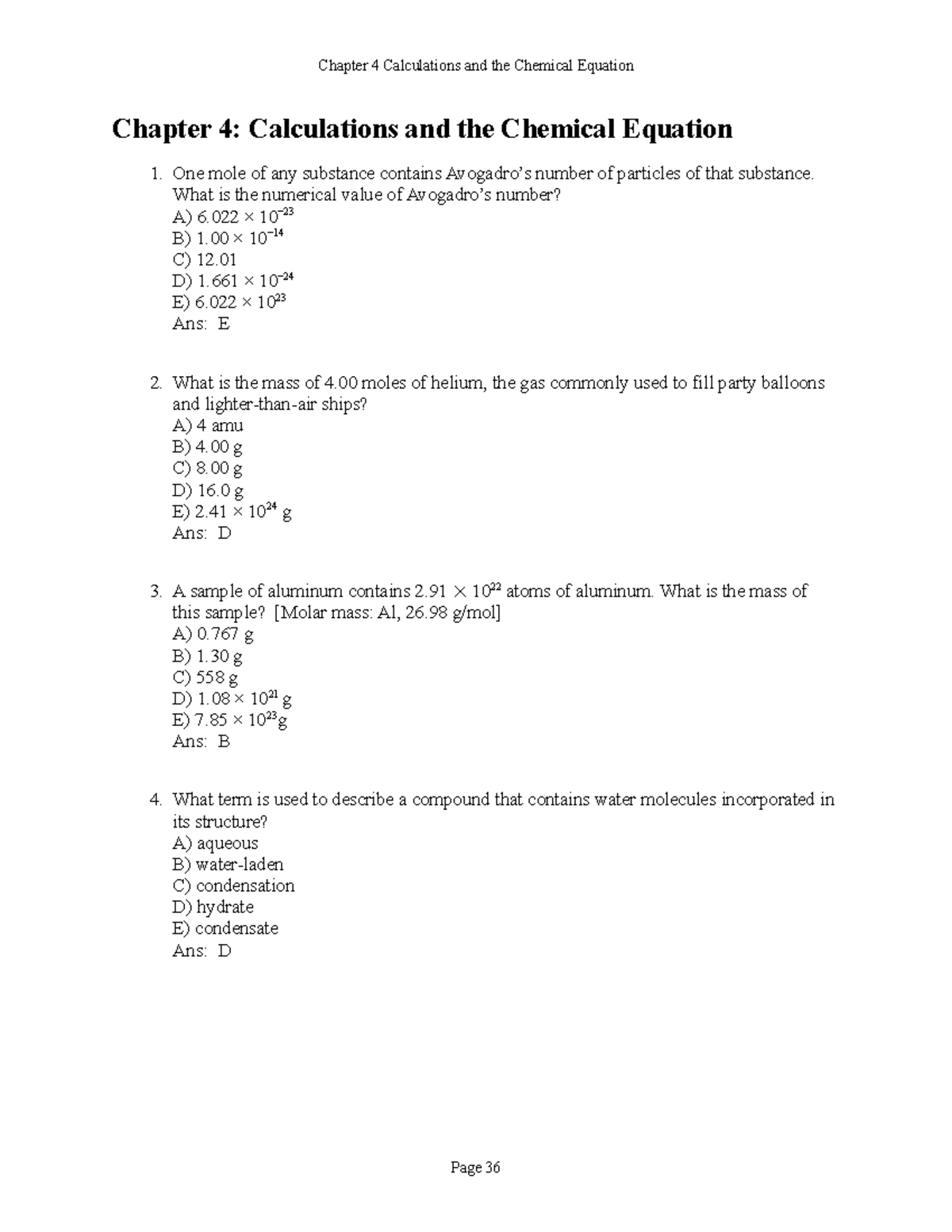 Chapter 4 Calculations and the Chemical Equation - Chapter 4 ...