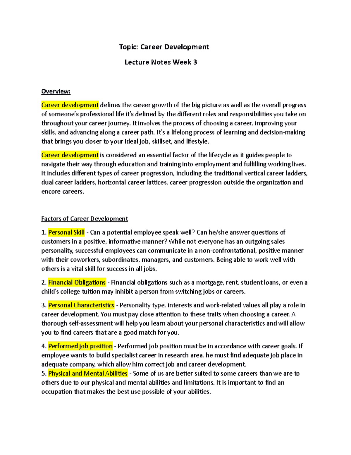Career Development - Topic: Career Development Lecture Notes Week 3 ...