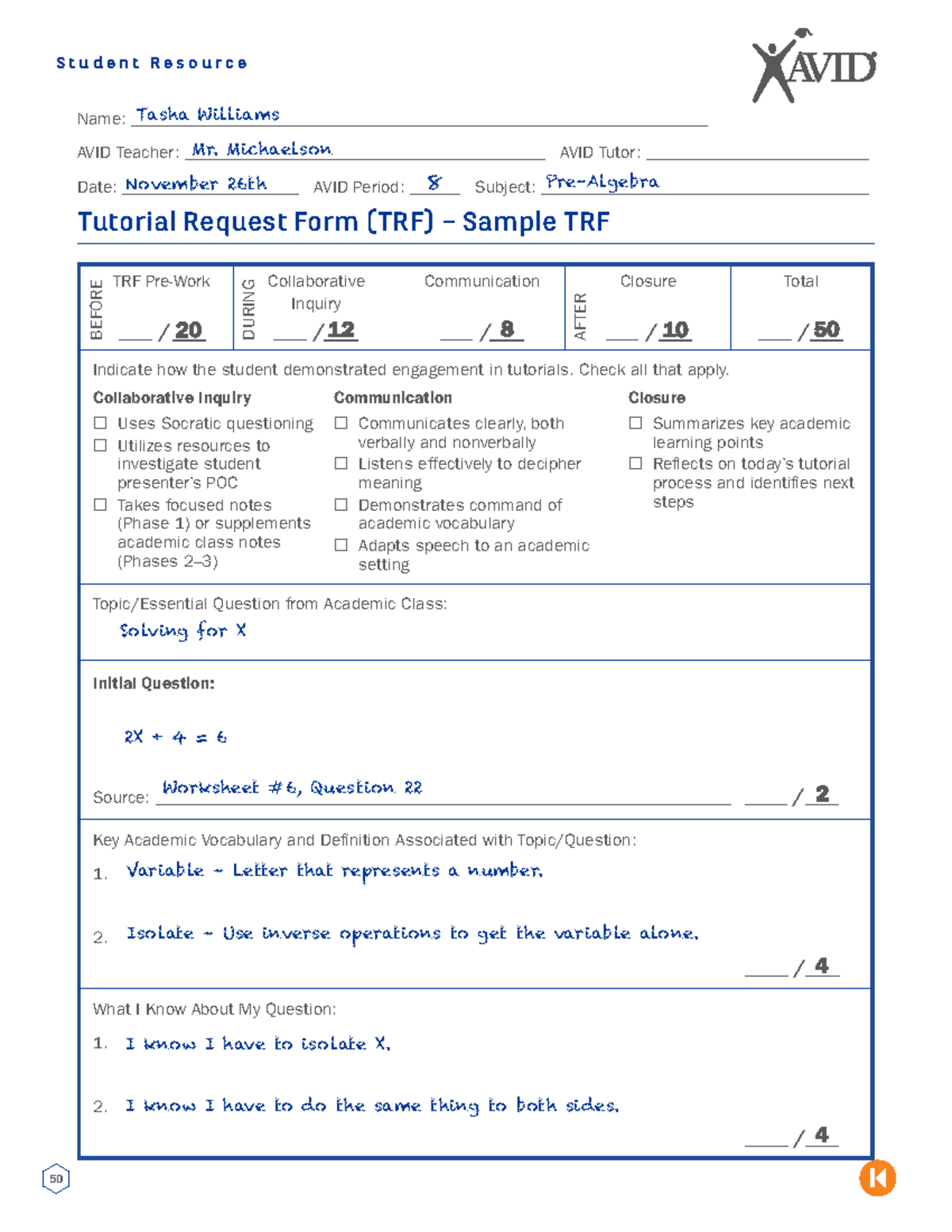 Sample TRFs AVID 1 50 Tasha Williams Solving For X Variable Letter