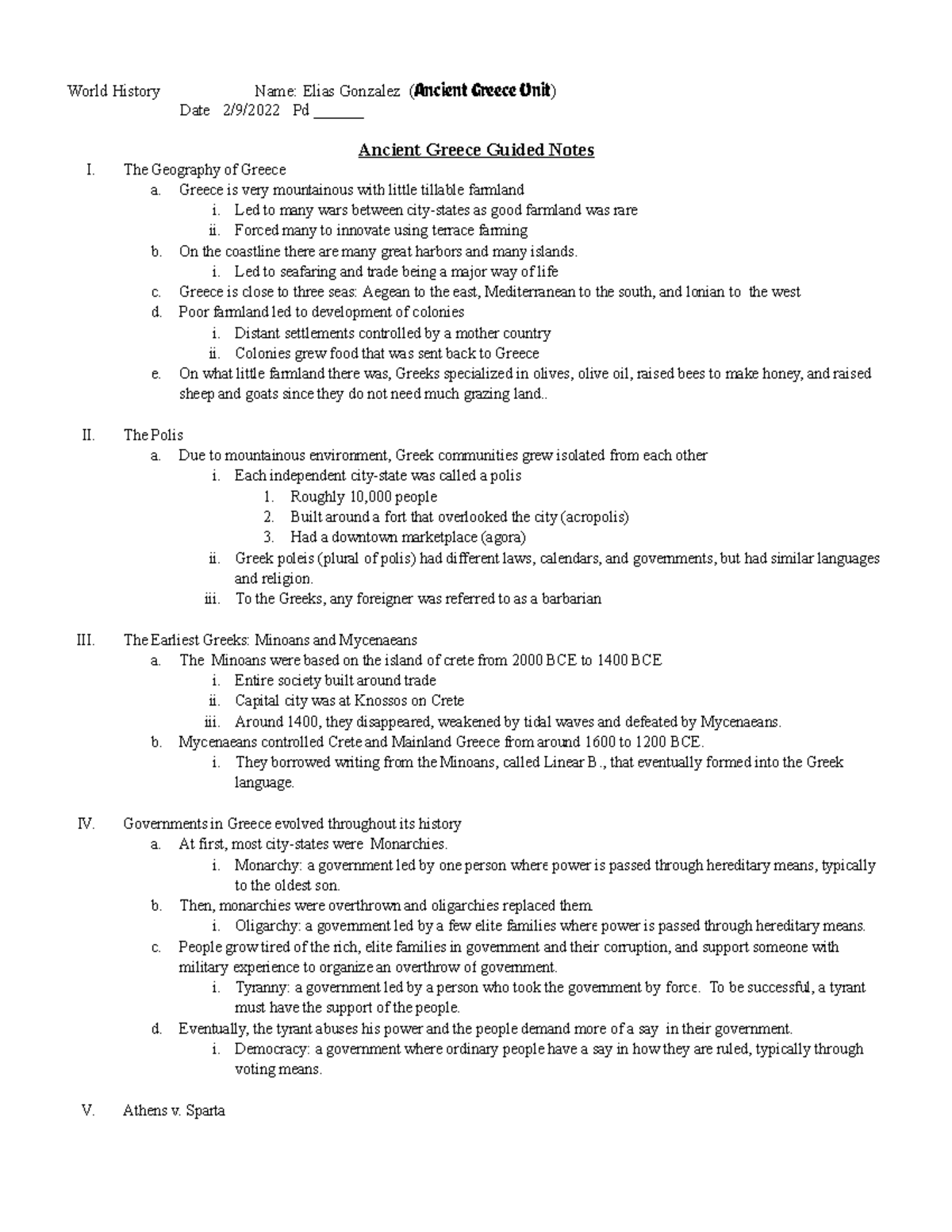 Ancient Greece Guided Notes - World History Name: Elias Gonzalez ...