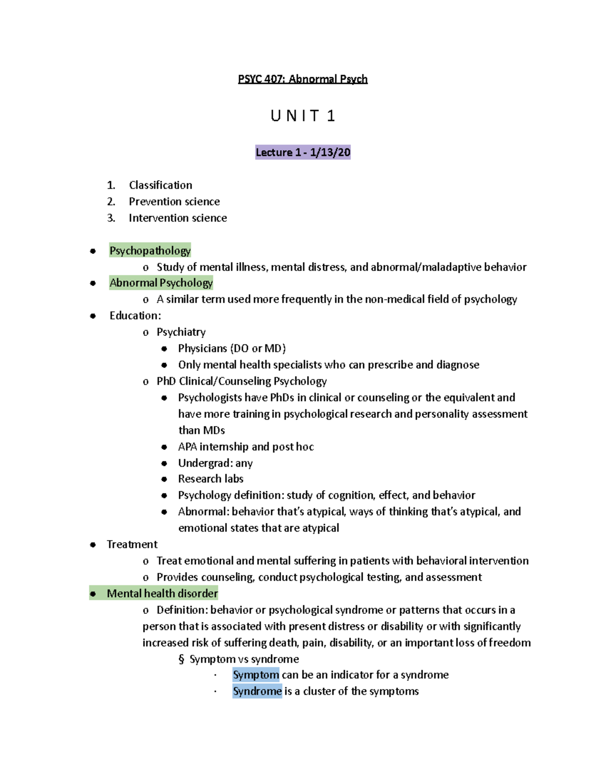 PSYC 407 - Lecture notes 7 - PSYC 407: Abnormal Psych U N I T 1 Lecture ...
