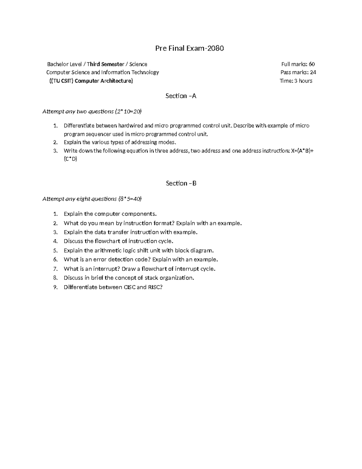 Computer Architecture third sem bsccsit - Pre Final Exam- Bachelor Level / Third Semester ...