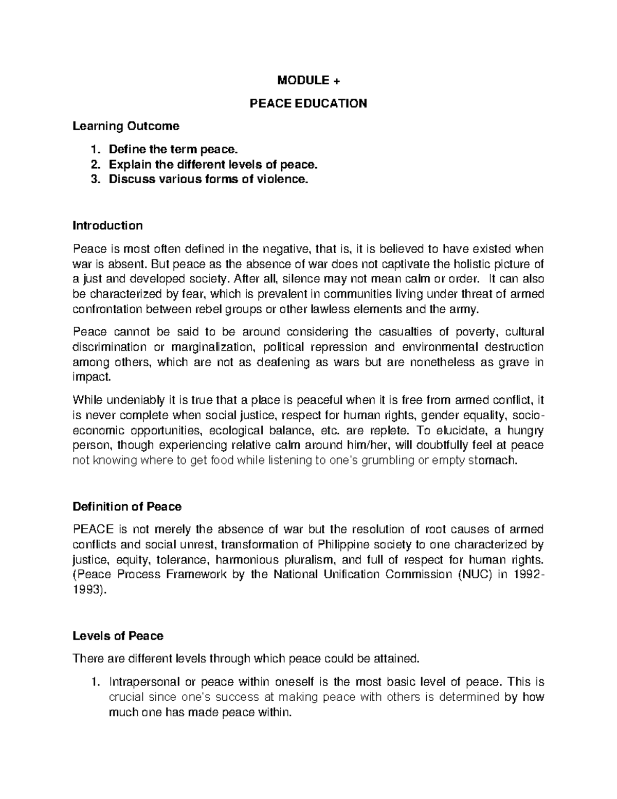 Peace Education - This notes are here to help students who are ...