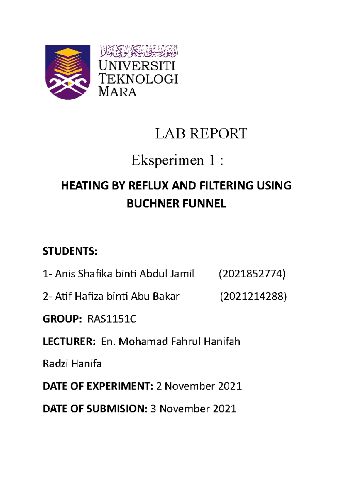LAB Report ( Experiment 1) CHM125 - Applied Sciences - UiTM - Studocu