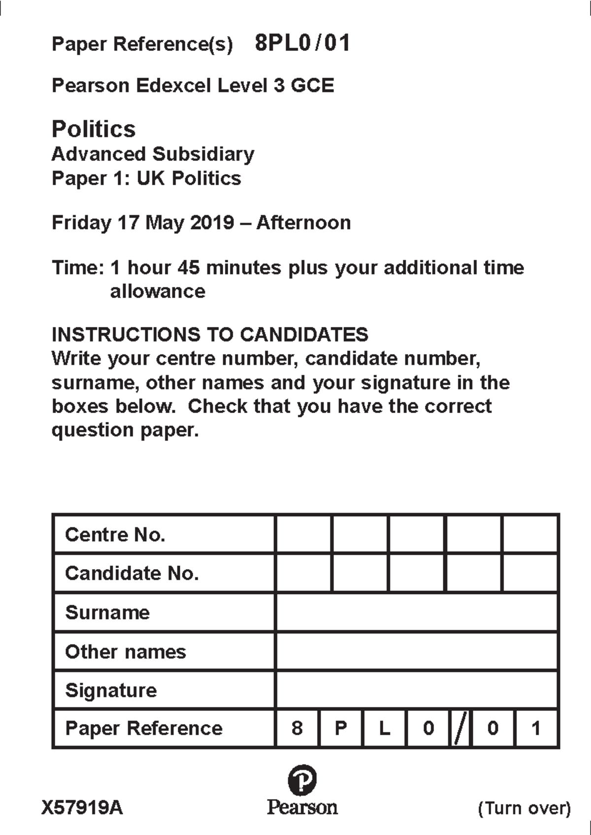 X57919 A 18pt A4 8PL0 01 Question Paper - Paper Reference(s) 8PL0 / 01 ...
