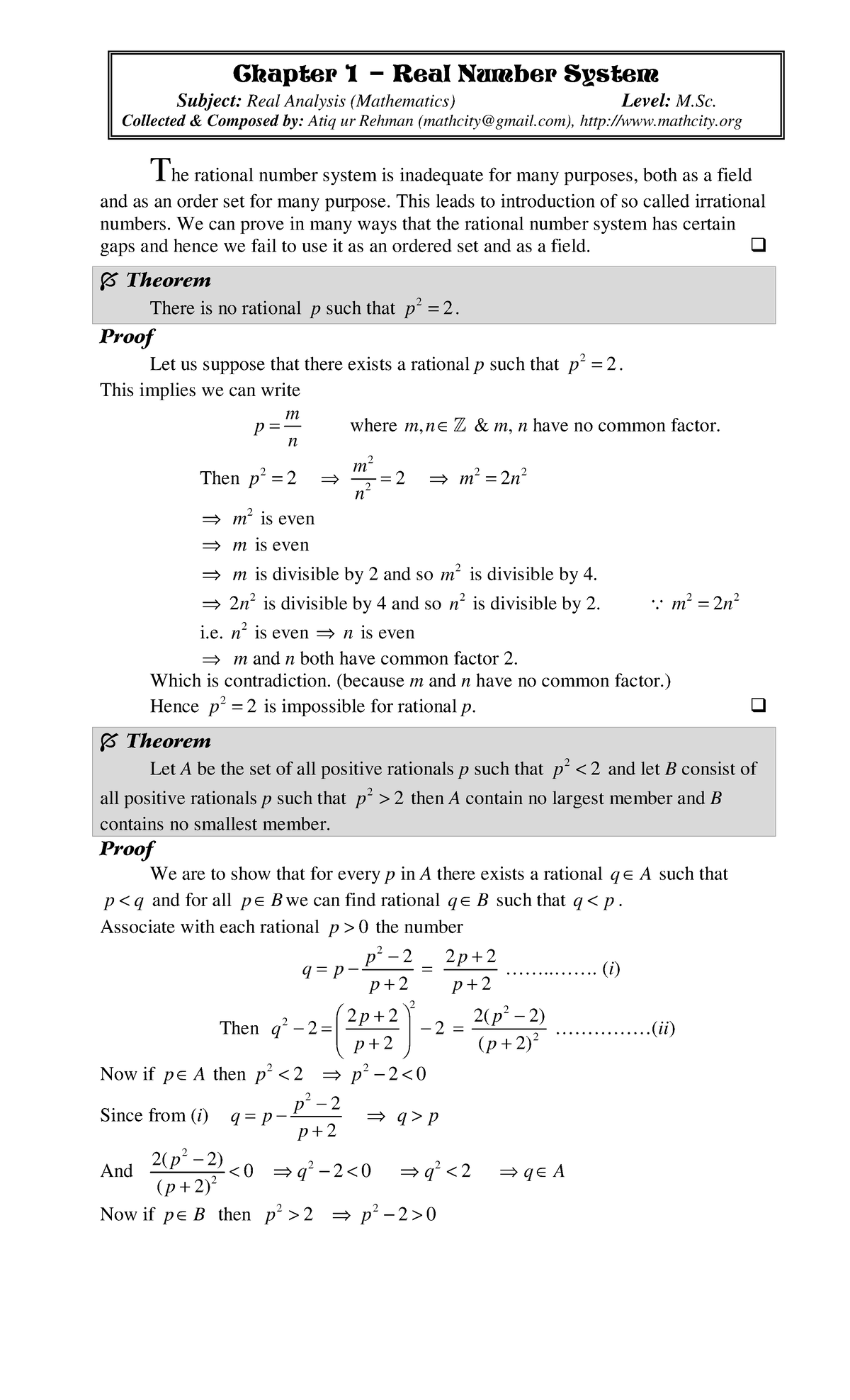 Chap 01 real analysis - Asim marwat - The rational number system is ...