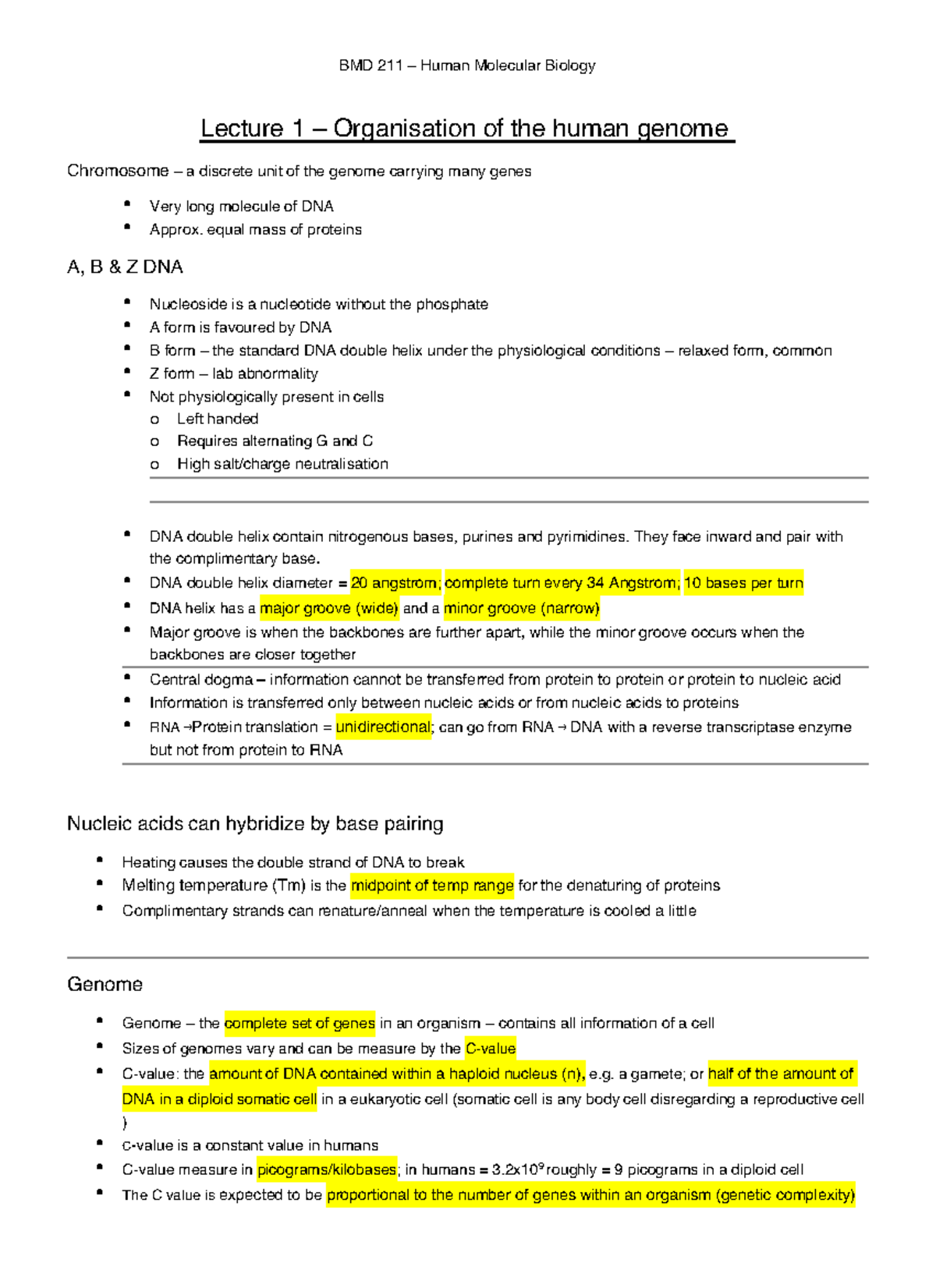 HMB - Lecture 1 - Biomedical Science - Lecture 1 – Organisation of the ...