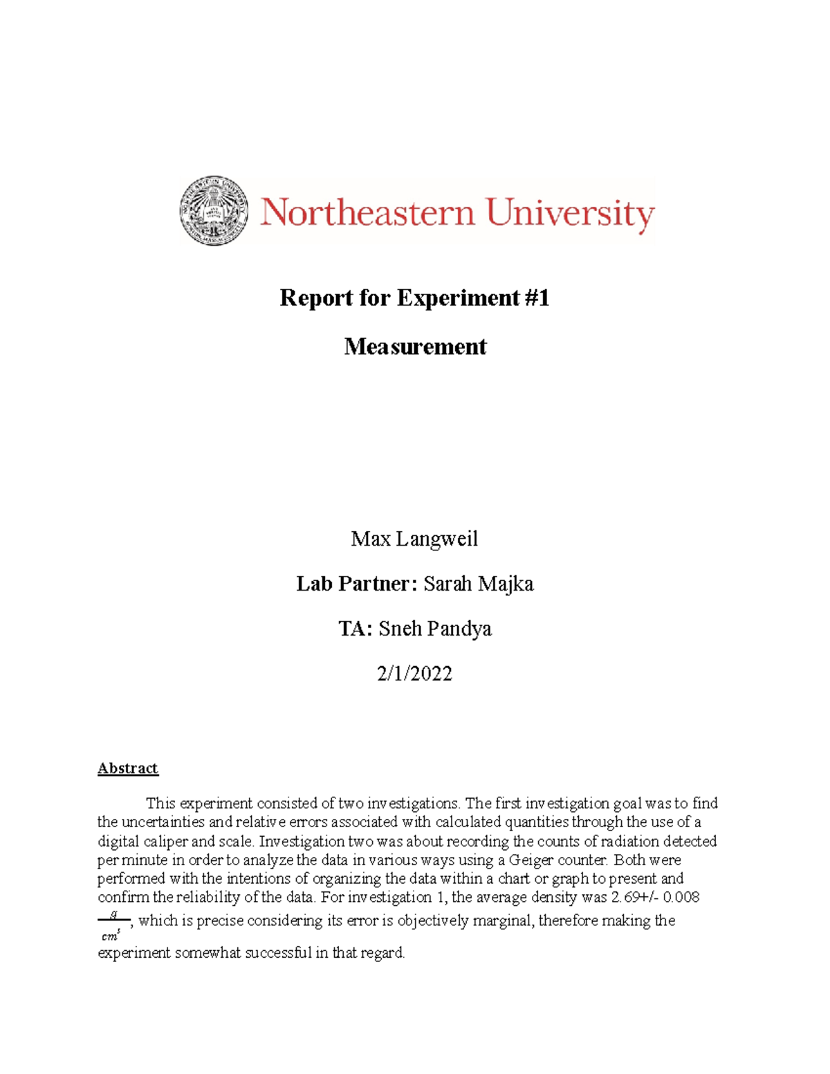 Lab report 1 - Google Docs - Report for Experiment Measurement Max ...