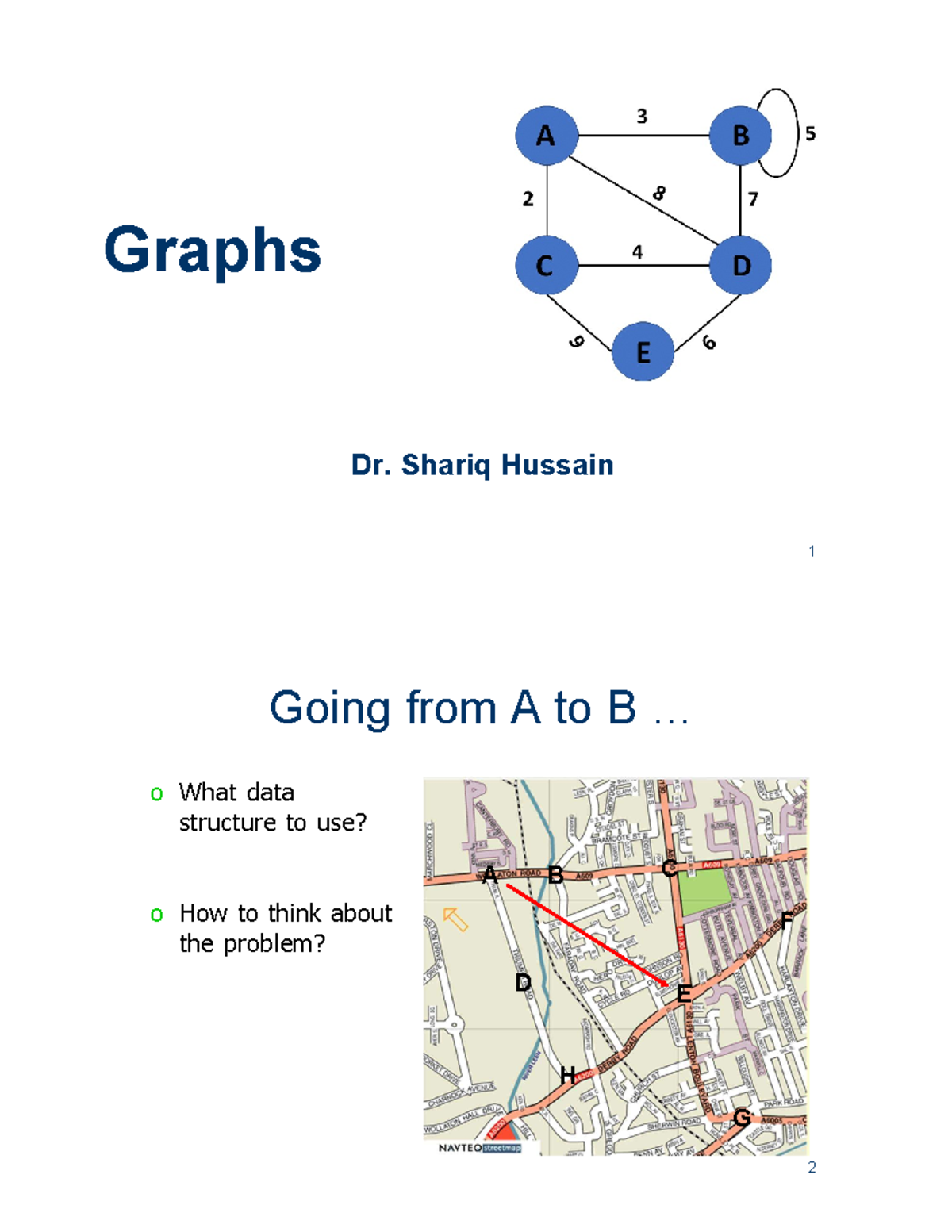 Lecture 13 - Graphs - 1 Graphs Dr. Shariq Hussain Going from A to B ... o What data structure to ...