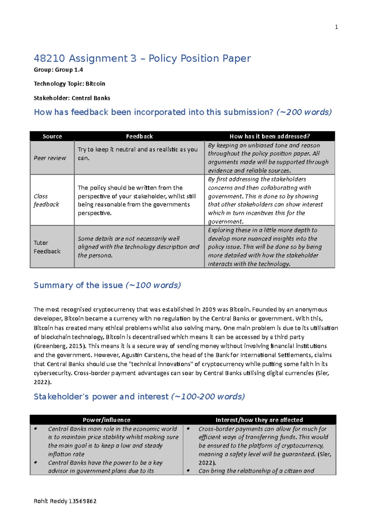 48210 Policy Position Paper Rohit Reddy 13569862 - 1 48210 Assignment 3 ...