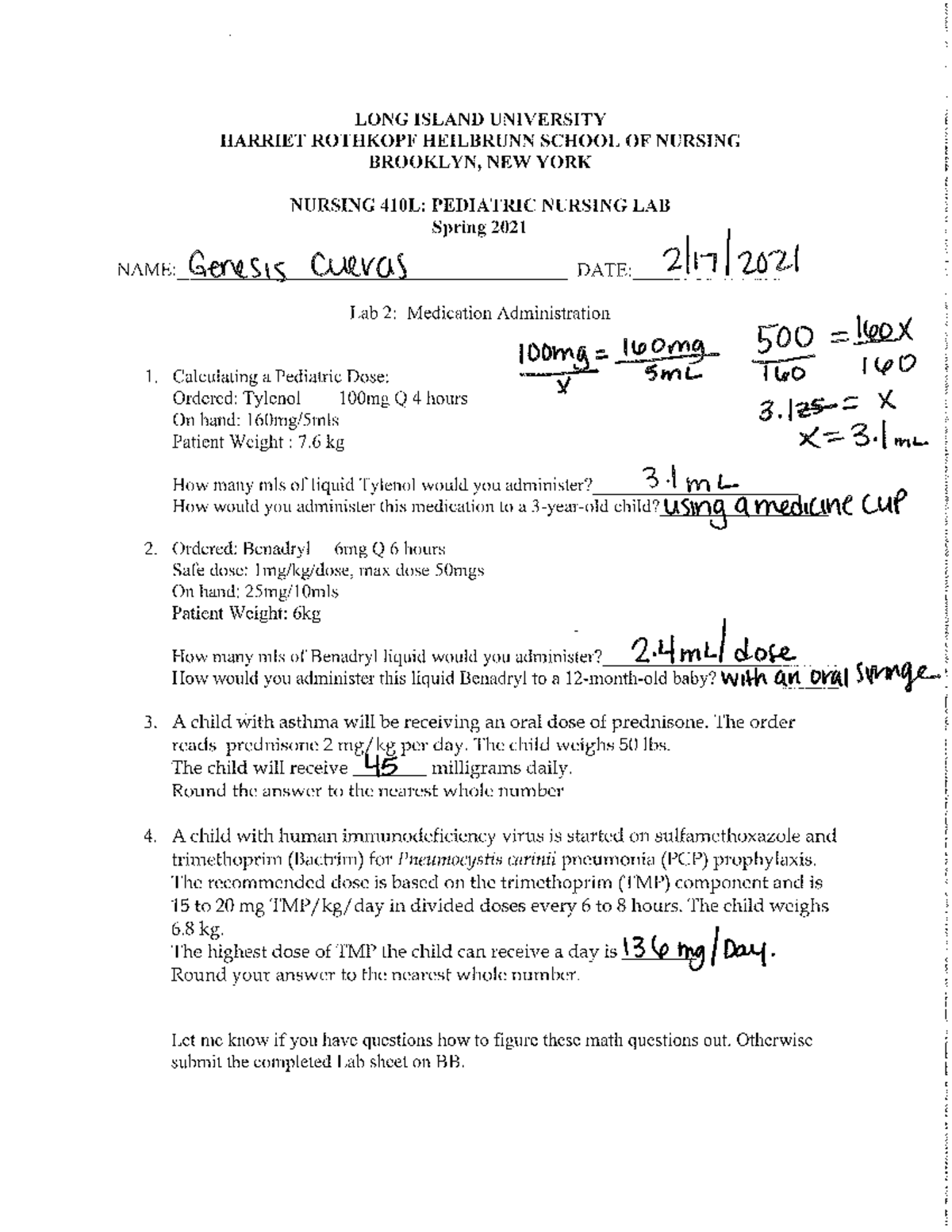 Lab sheet for pediatrics laboratory 2 prep - PHI 110 - BMCC - Studocu