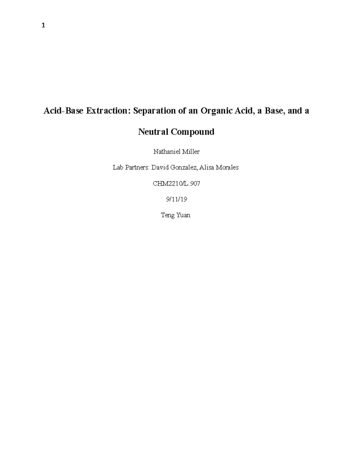 Acid-Base Post Lab - Received an A - Acid-Base Extraction: Separation ...