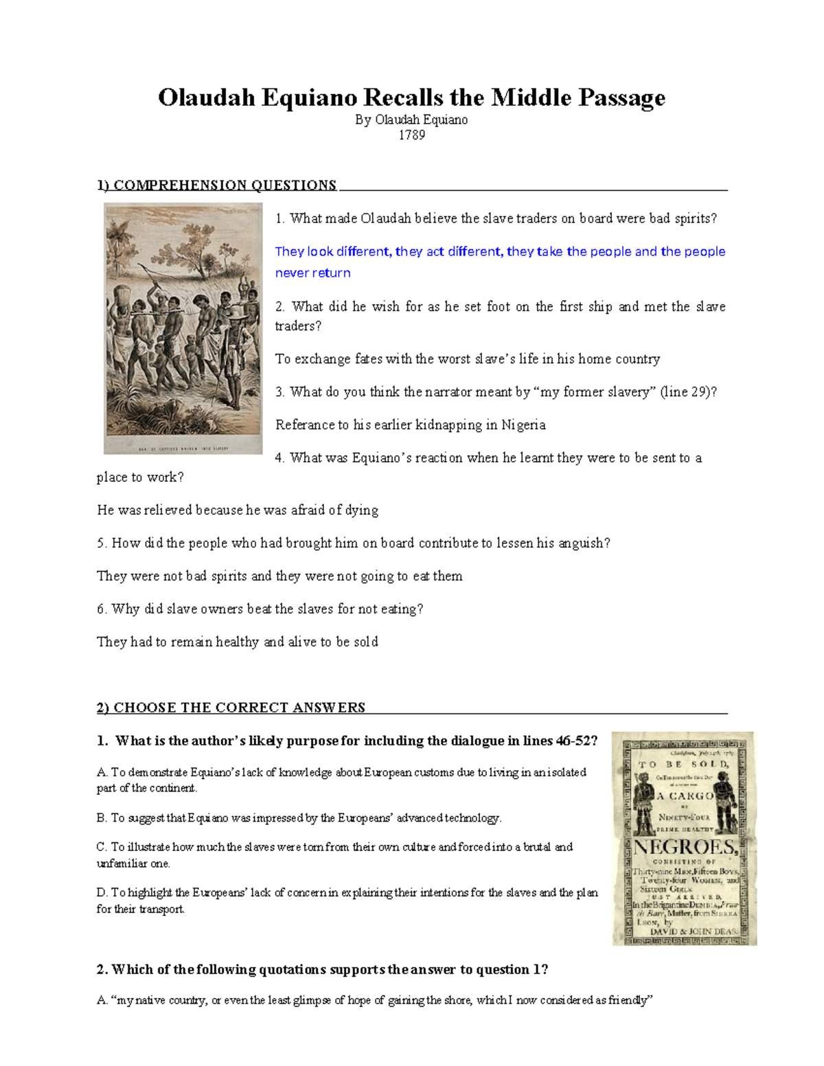 03- Olaudah Equiano questions - Olaudah Equiano Recalls the Middle ...