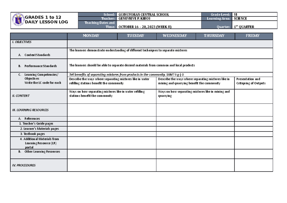 DLL Science 6 Q1 W8 - to help other students - GRADES 1 to 12 DAILY LESSON LOG School ...