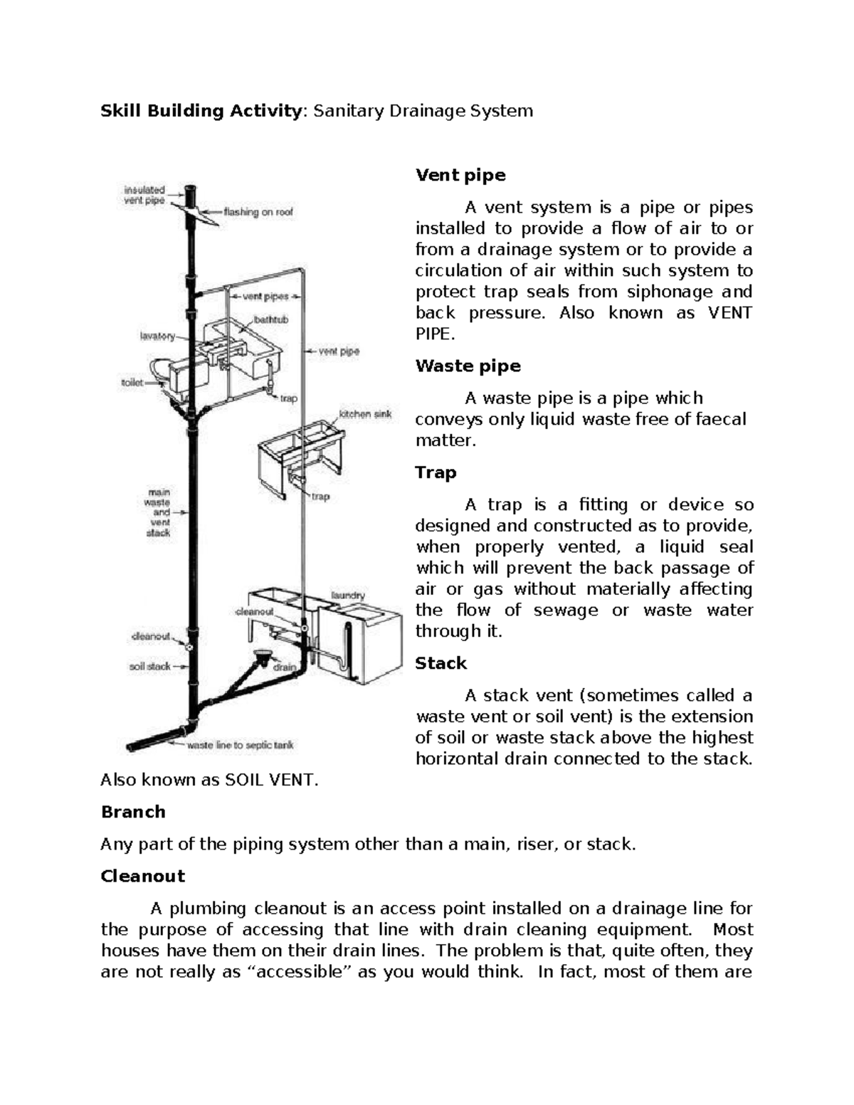 Skill Building Activity - Also known as VENT PIPE. Waste pipe A waste ...