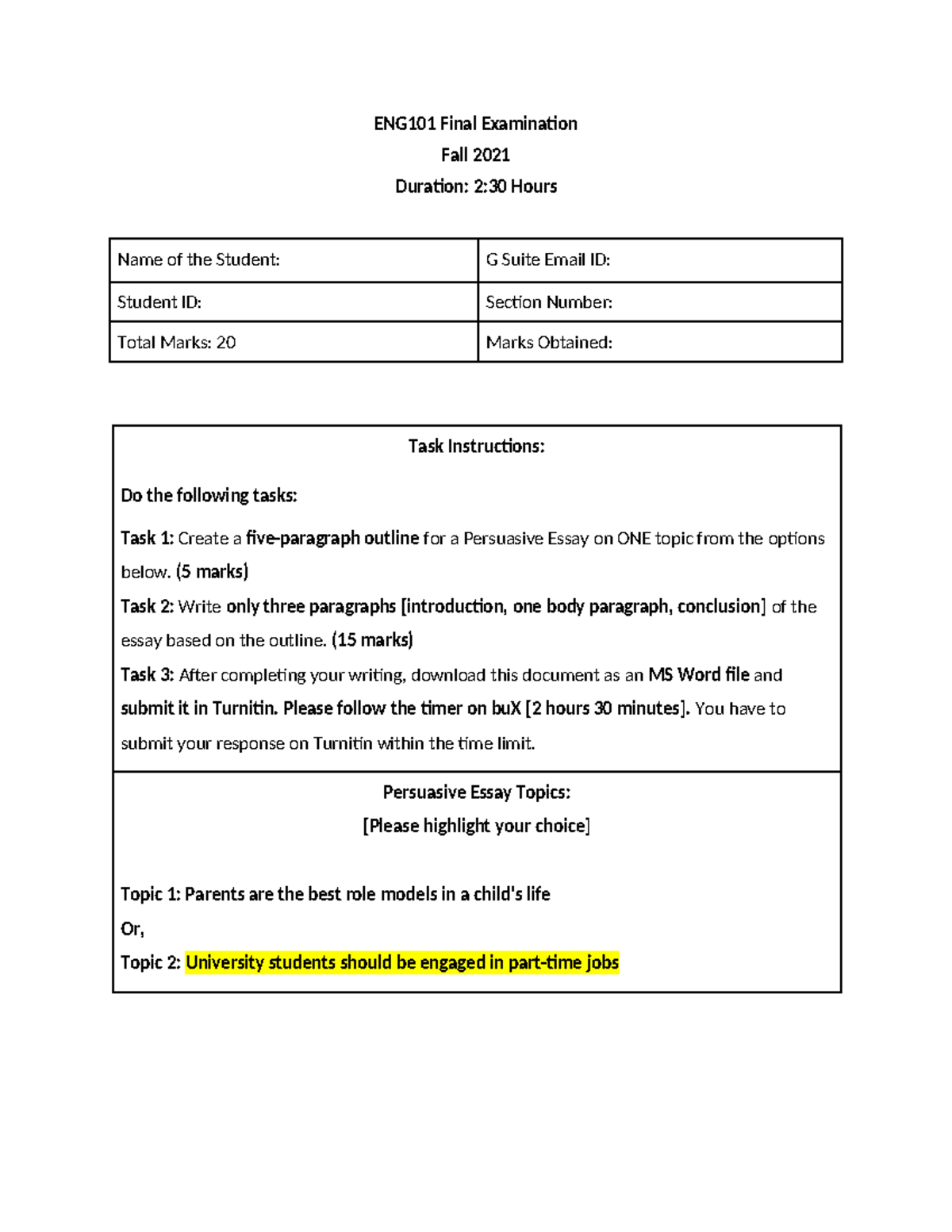 Final Examination (Persuasive Essay) - ENG101 Final Examination Fall ...