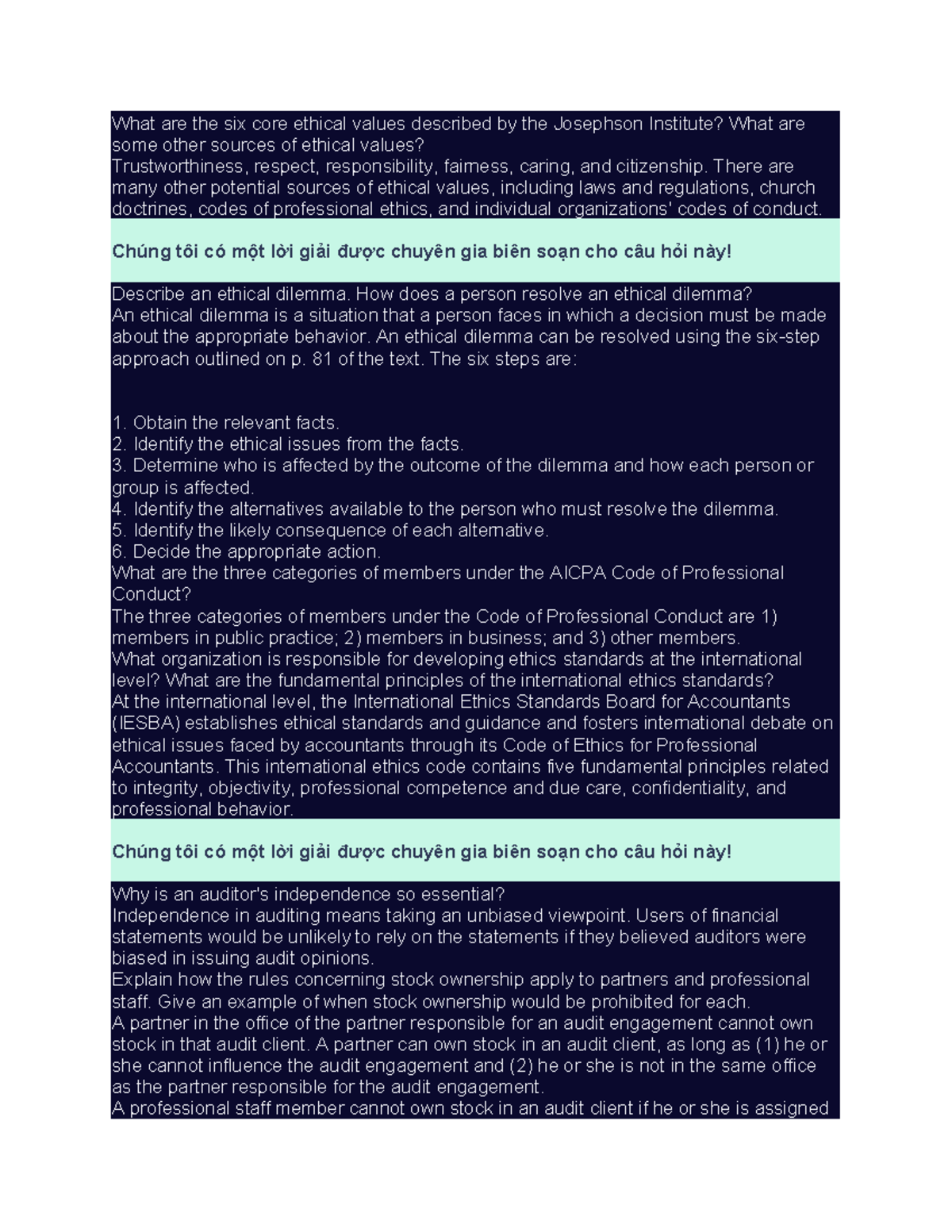 Chapter 4 - some question - What are the six core ethical values ...