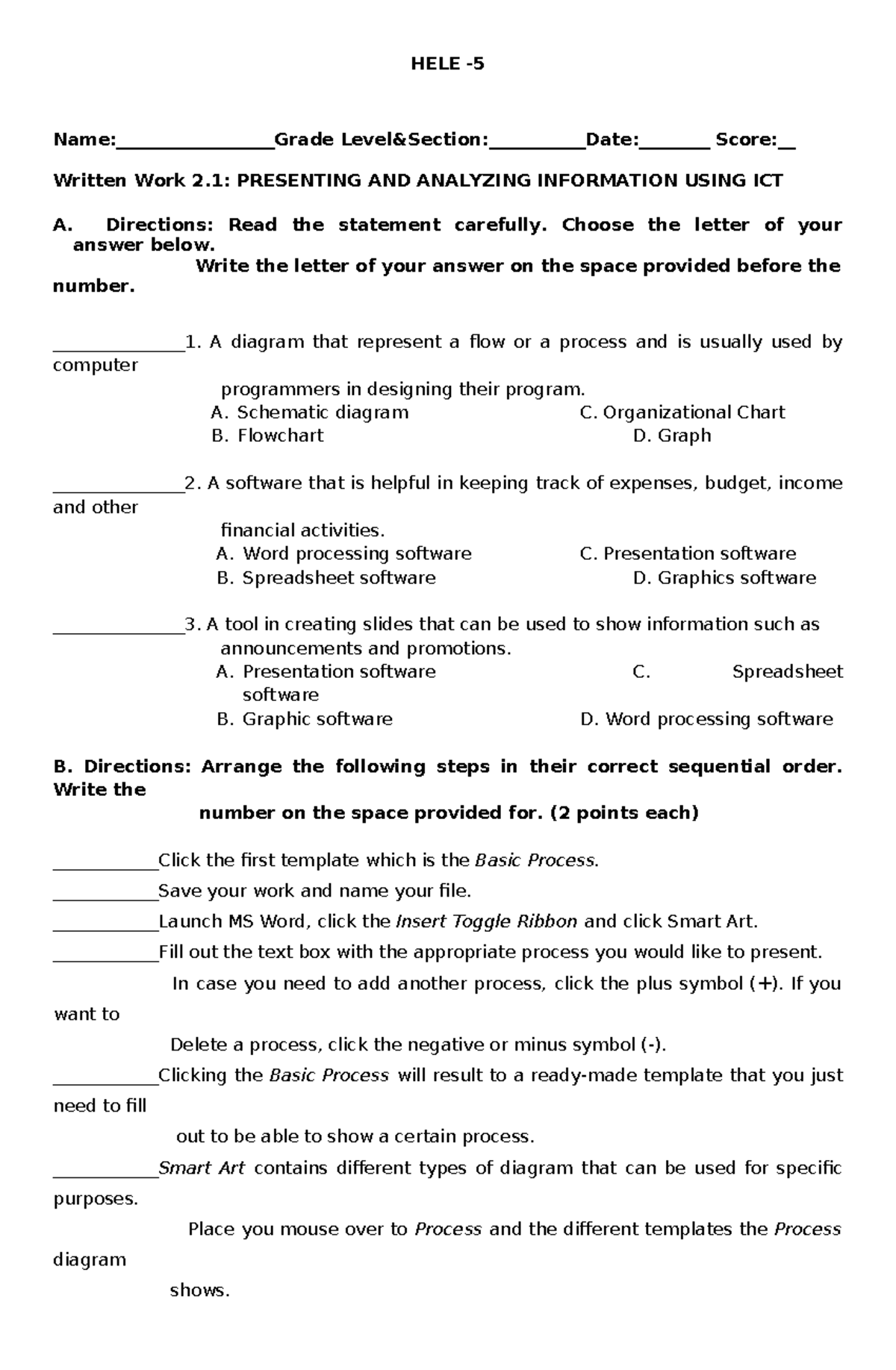 W.W 2 - Activity for TLE - HELE - Name:__________________Grade Level ...