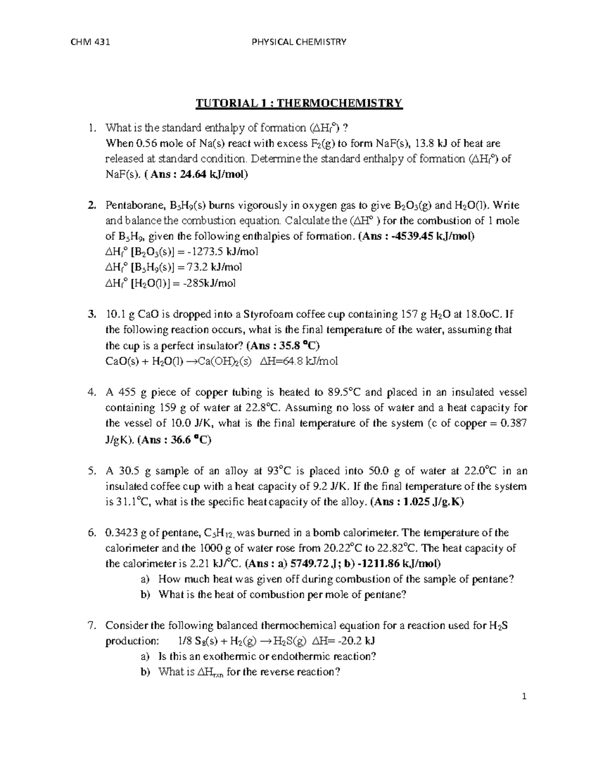 CHM 431-tutorial thermochem SEPT 2018 - Applied Sciences - UiTM - Studocu
