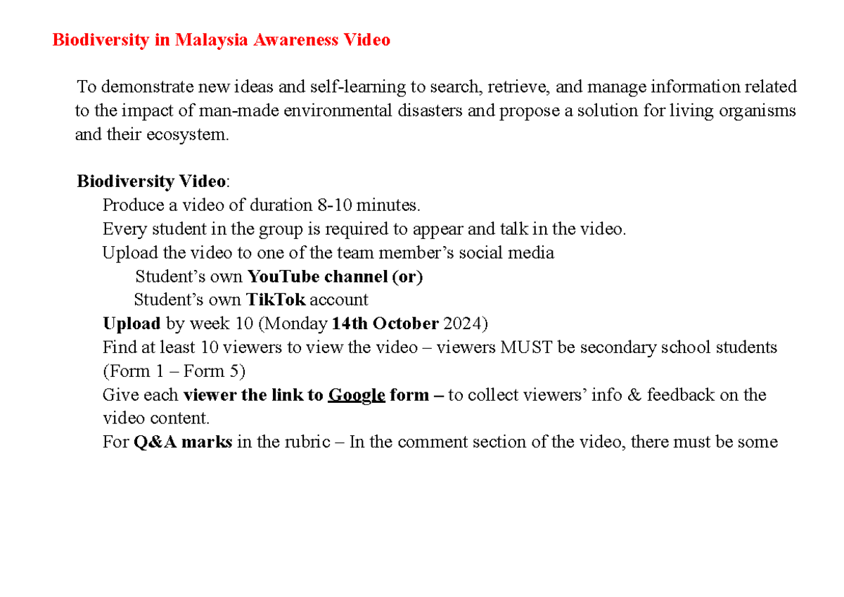 Biodiversity Awareness Assignment - Biodiversity in Malaysia Awareness ...