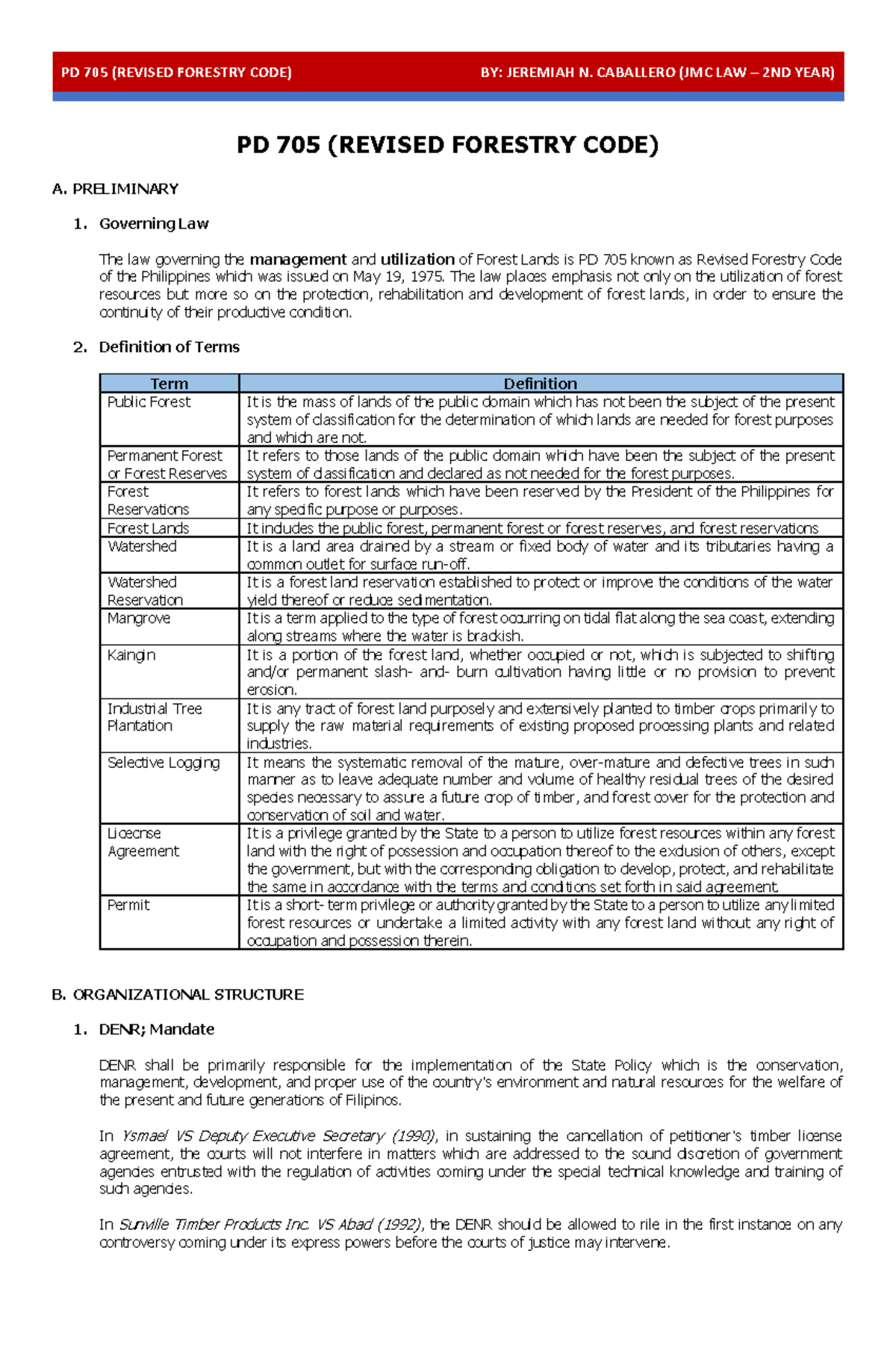 PD 705 Revised Forestry CODE PD 705 REVI - PD 705 (REVISED FORESTRY CODE) A. PRELIMINARY ...