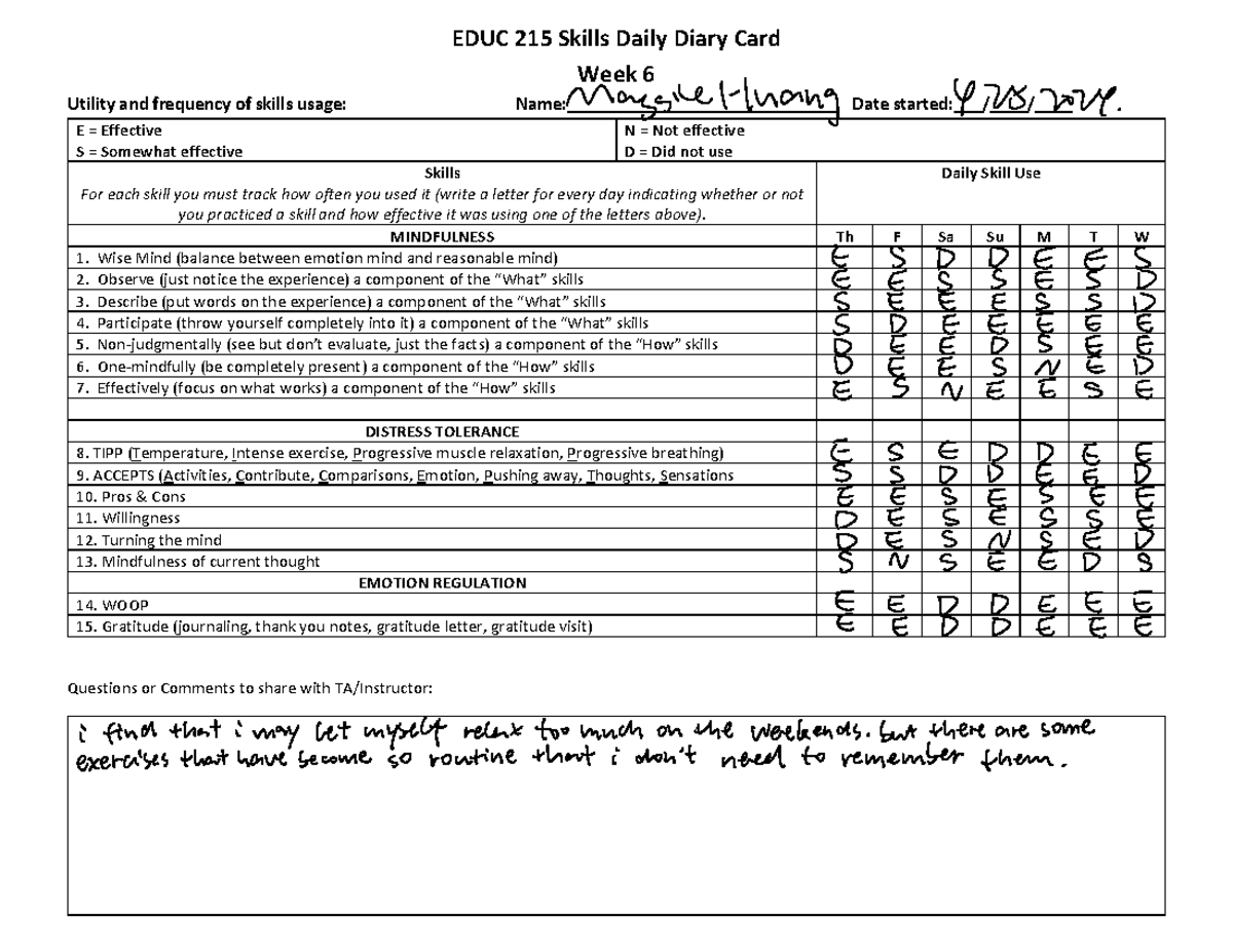 Week 6 Diary Card - EDUC 215 Skills Daily Diary Card Week 6 ...