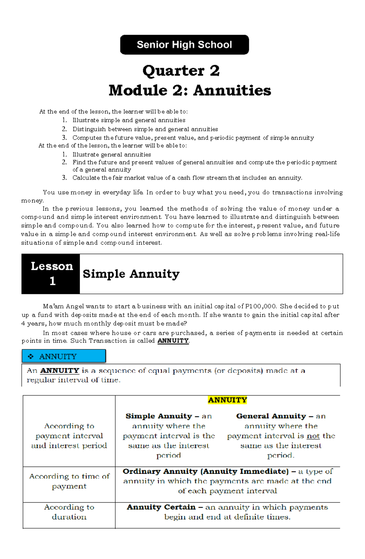 MOdule-2 q2- Annuities - Quarter 2 Module 2 : Annuities At the end of ...