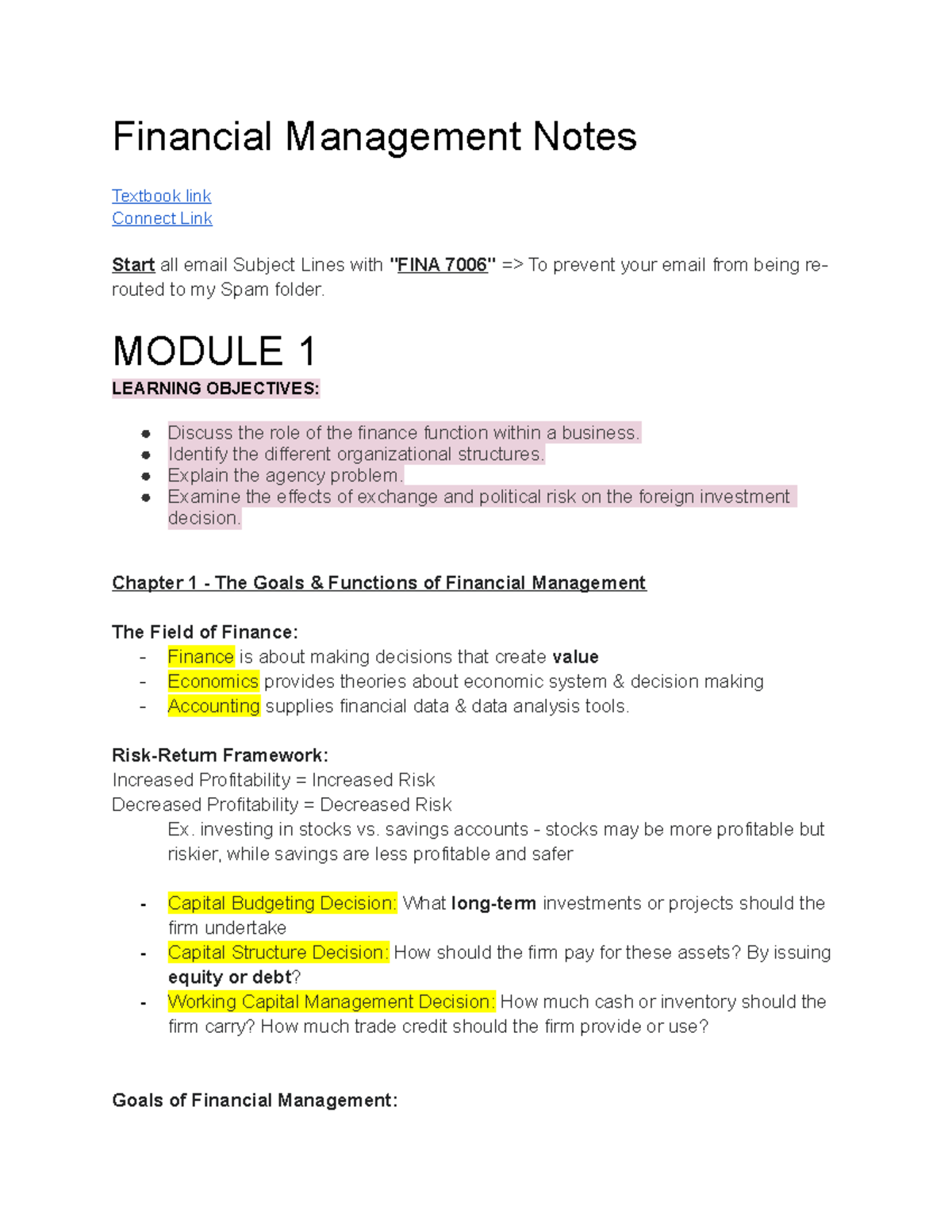 Financial Management Notes - Financial Management Notes Textbook link ...