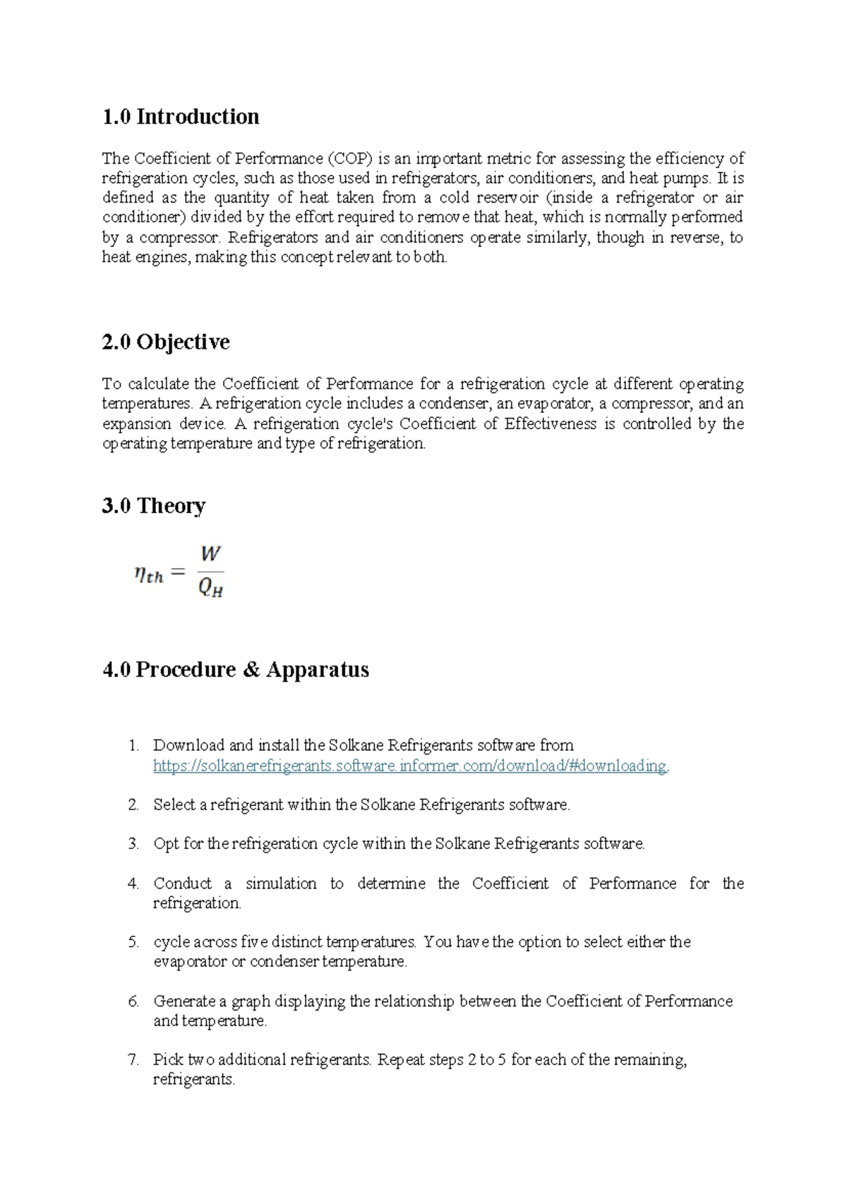 LAB 1 new - LAB 1 - 1 Introduction The Coefficient of Performance (COP) is an important metric ...