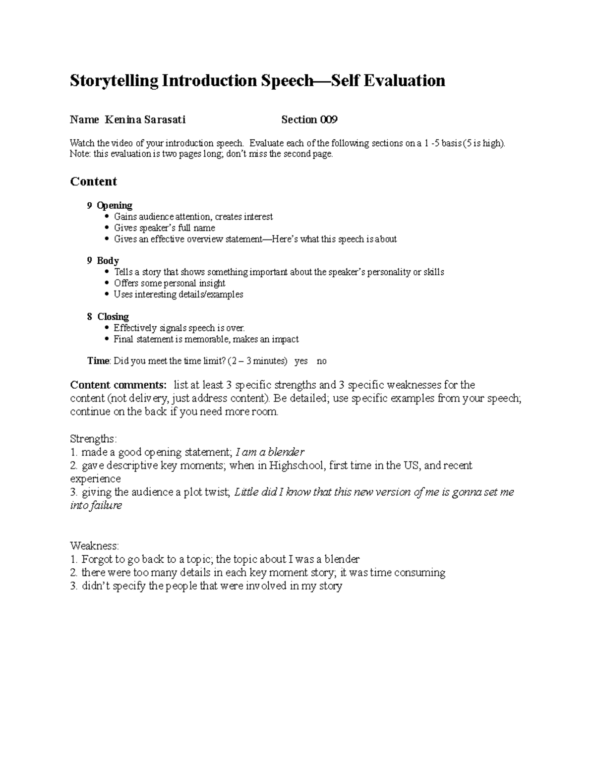 Introduction Speech Self Evaluation - Storytelling Introduction Speech ...