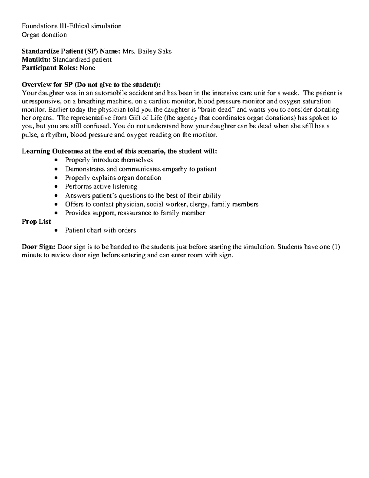 Ethical simulation Organ Donation - Foundations III-Ethical simulation ...