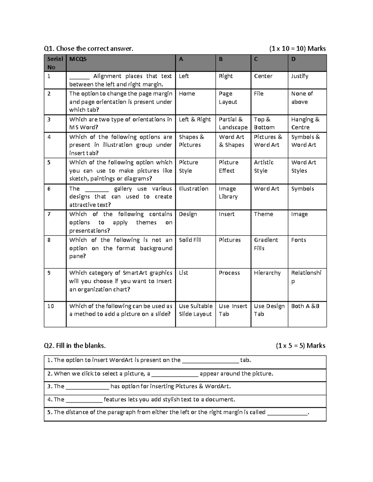 5class objective - Q1. Chose the correct answer. (1 x 10 = 10) Marks Q2. Fill in the blanks. (1 ...