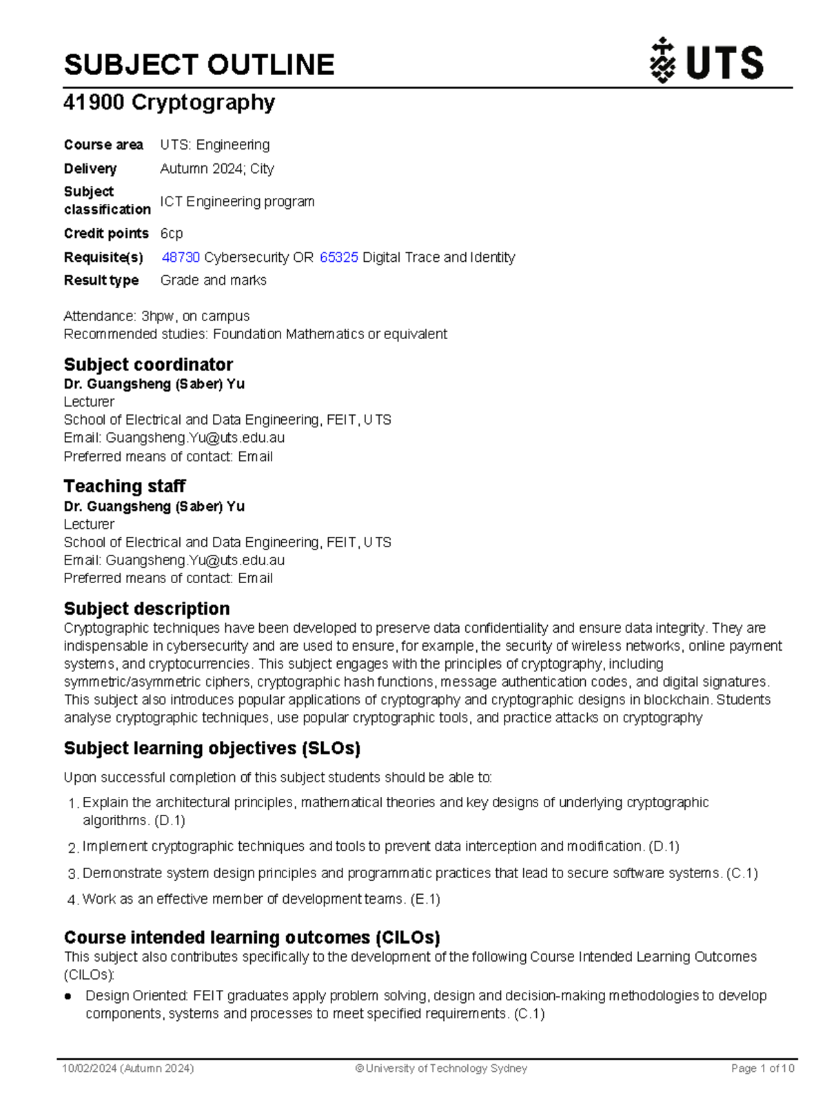 Cryptography Autmn 2024 Subject Outline - SUBJECT OUTLINE 41900 ...