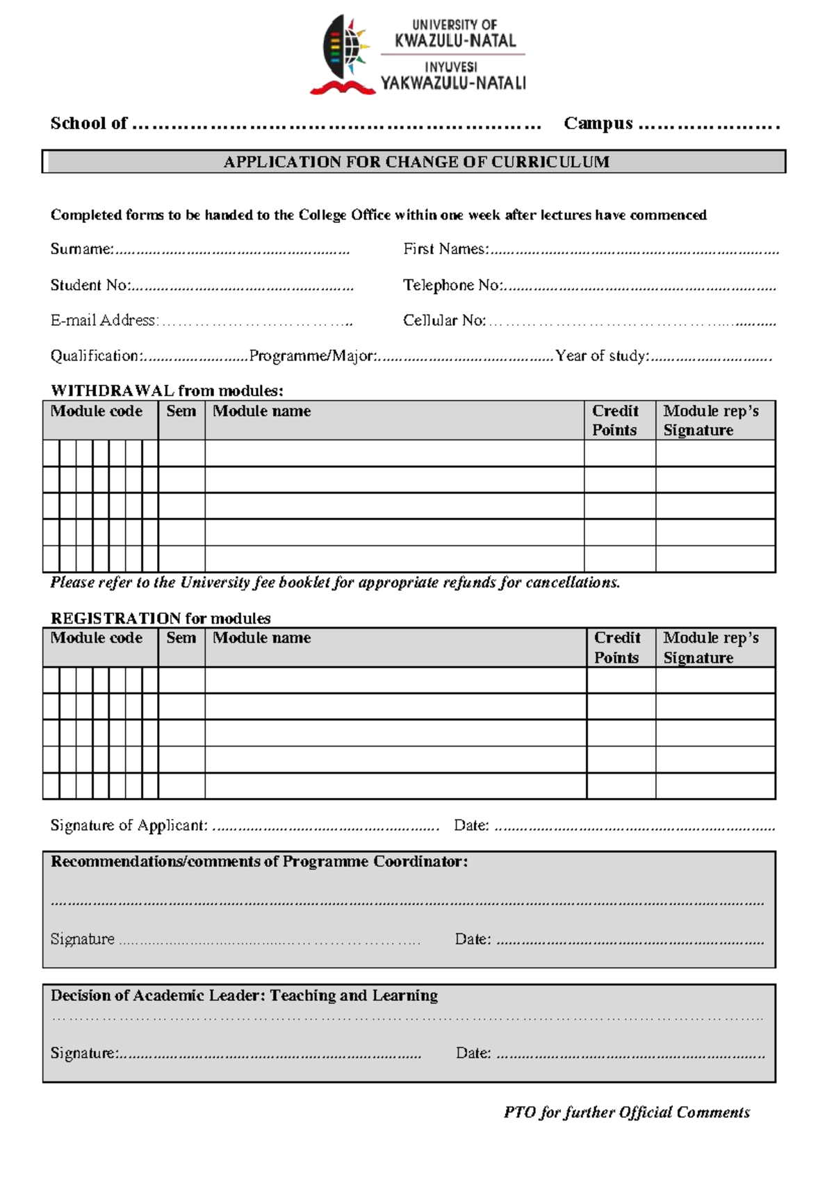 Change of Curriculum Form - School of - Studocu