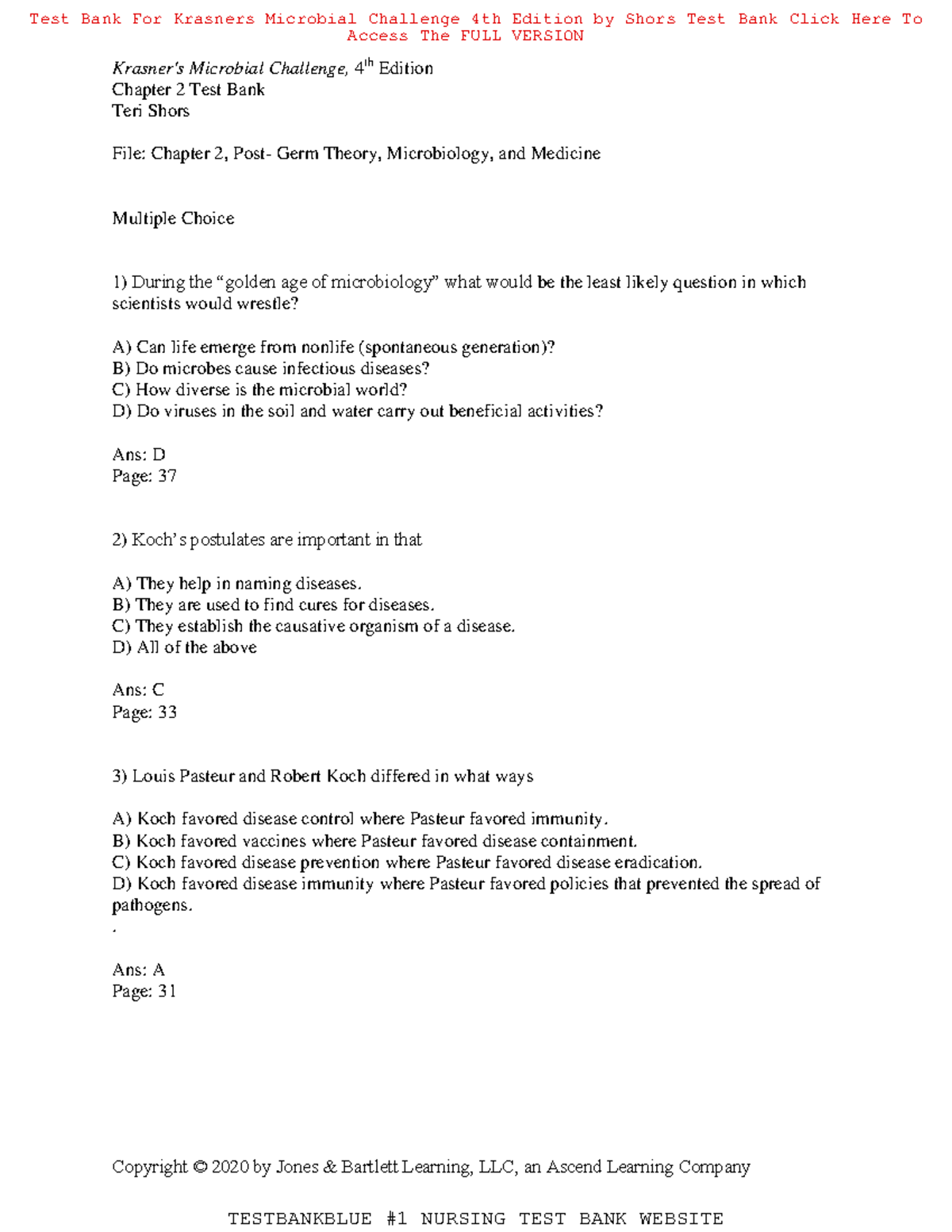 Test Bank for Krasners Microbial Challenge 4th Edition by Shors ...