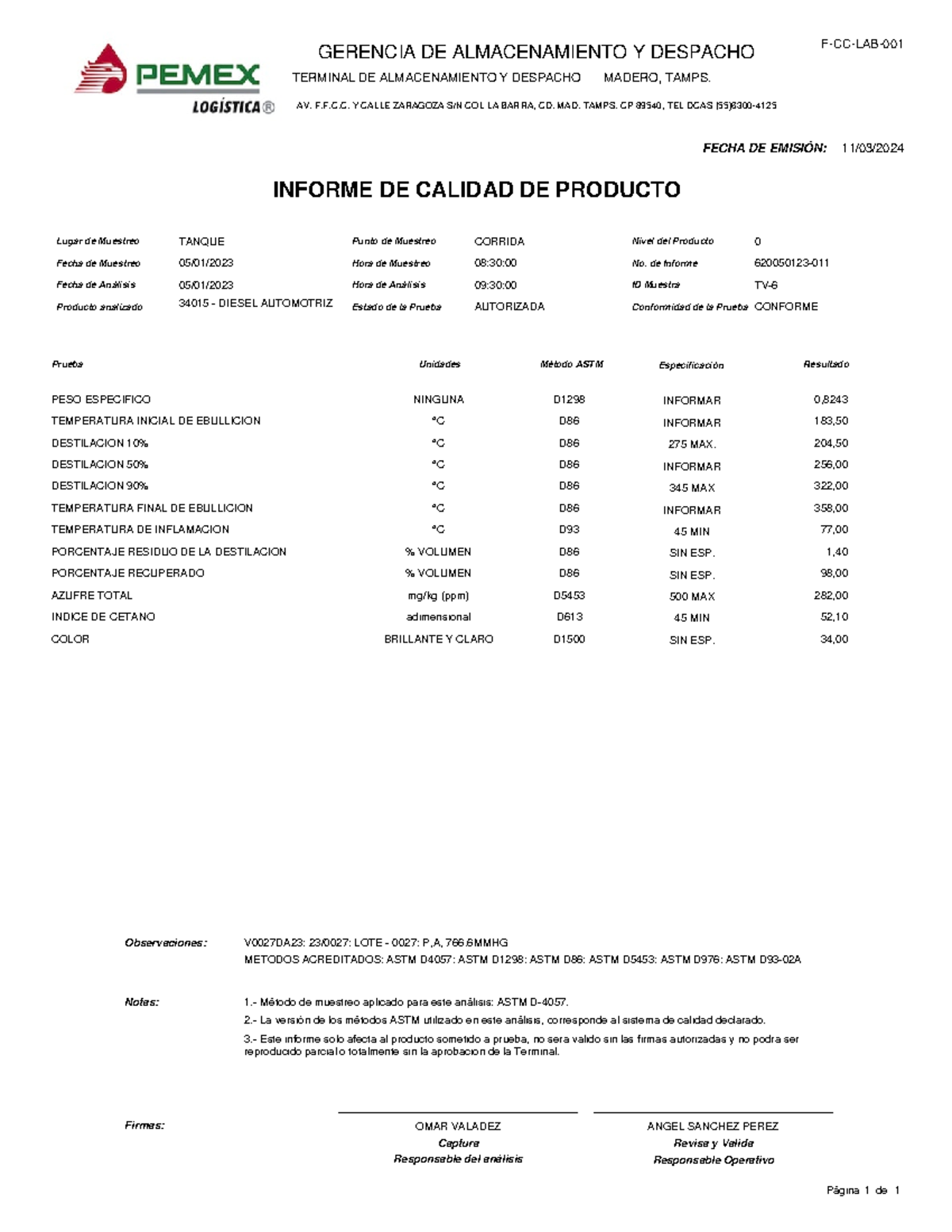 05-01-23 diesel - EJEMPLO DE TRABAJP DE INFORMES DE CALIDAD - FECHA DE EMISIÓN: 11/03/ GERENCIA ...