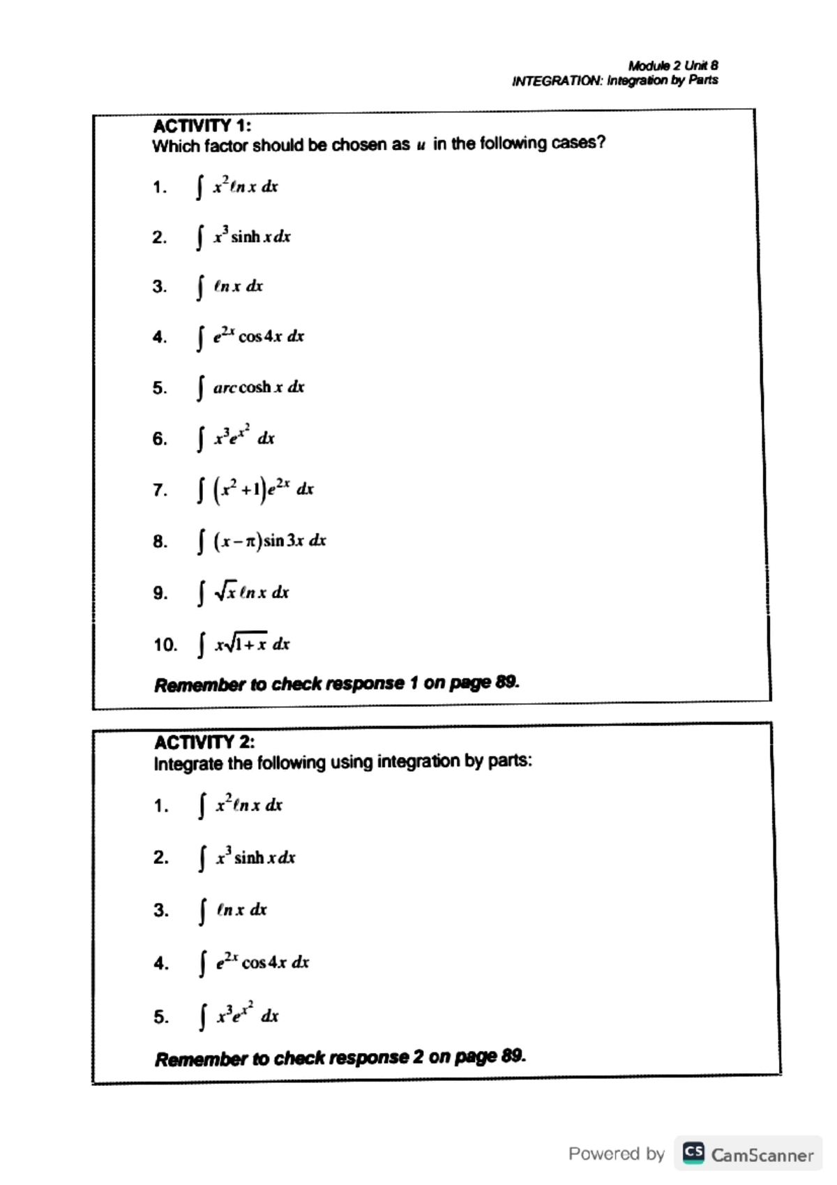 Maths 101 - Module 2 Unit 8 INTEGRATION: Integration Parts ACTIVITY 1 ...