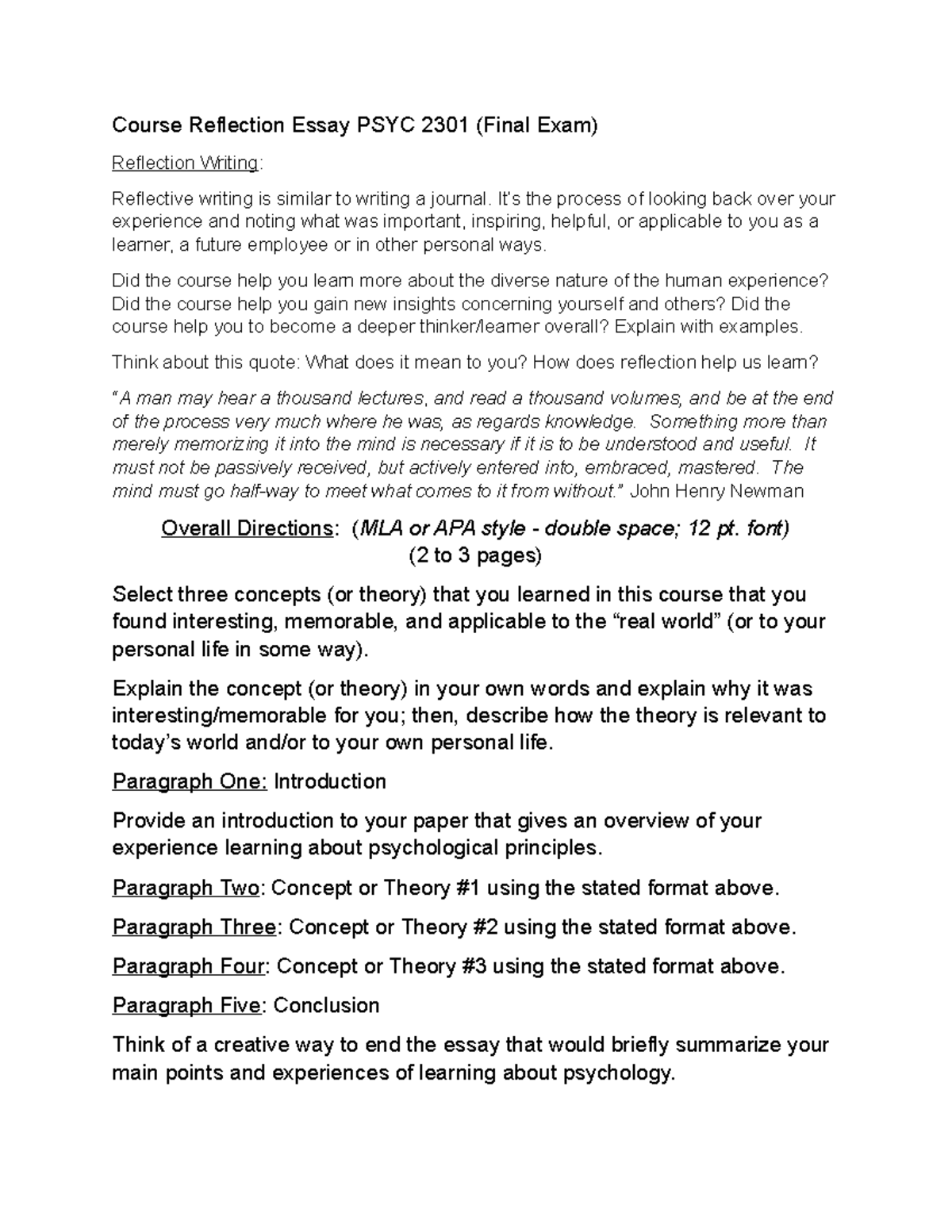 Reflection PSYC Essay(1) - Course Reflection Essay PSYC 2301 (Final ...