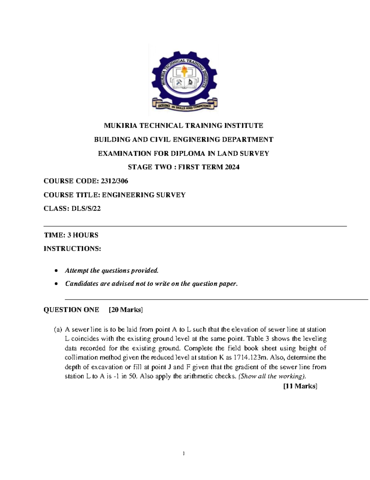 DLS S22 Engineering Survey - MUKIRIA TECHNICAL TRAINING INSTITUTE BUILDING AND CIVIL ENGINERING ...