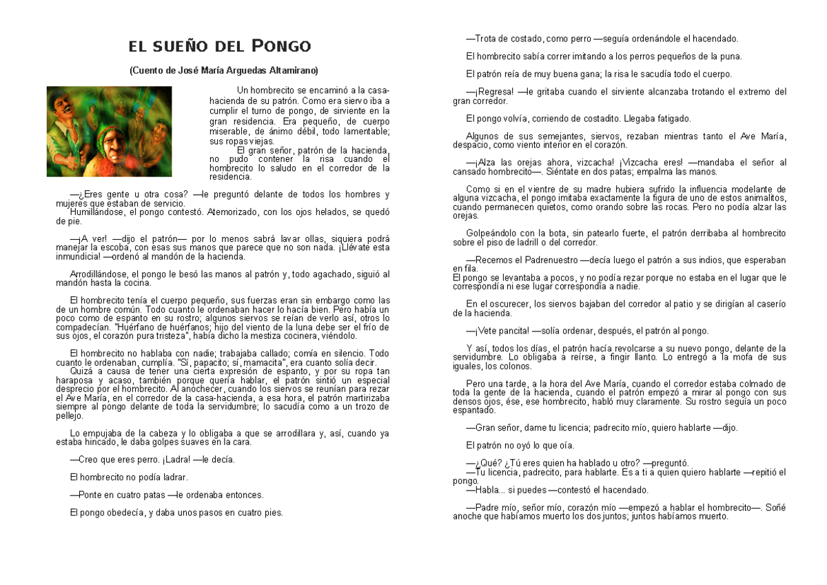 JOSÉ María Arguedas. Sueño DEL Pongo - EL SUEÑO DEL PONGO (Cuento de ...