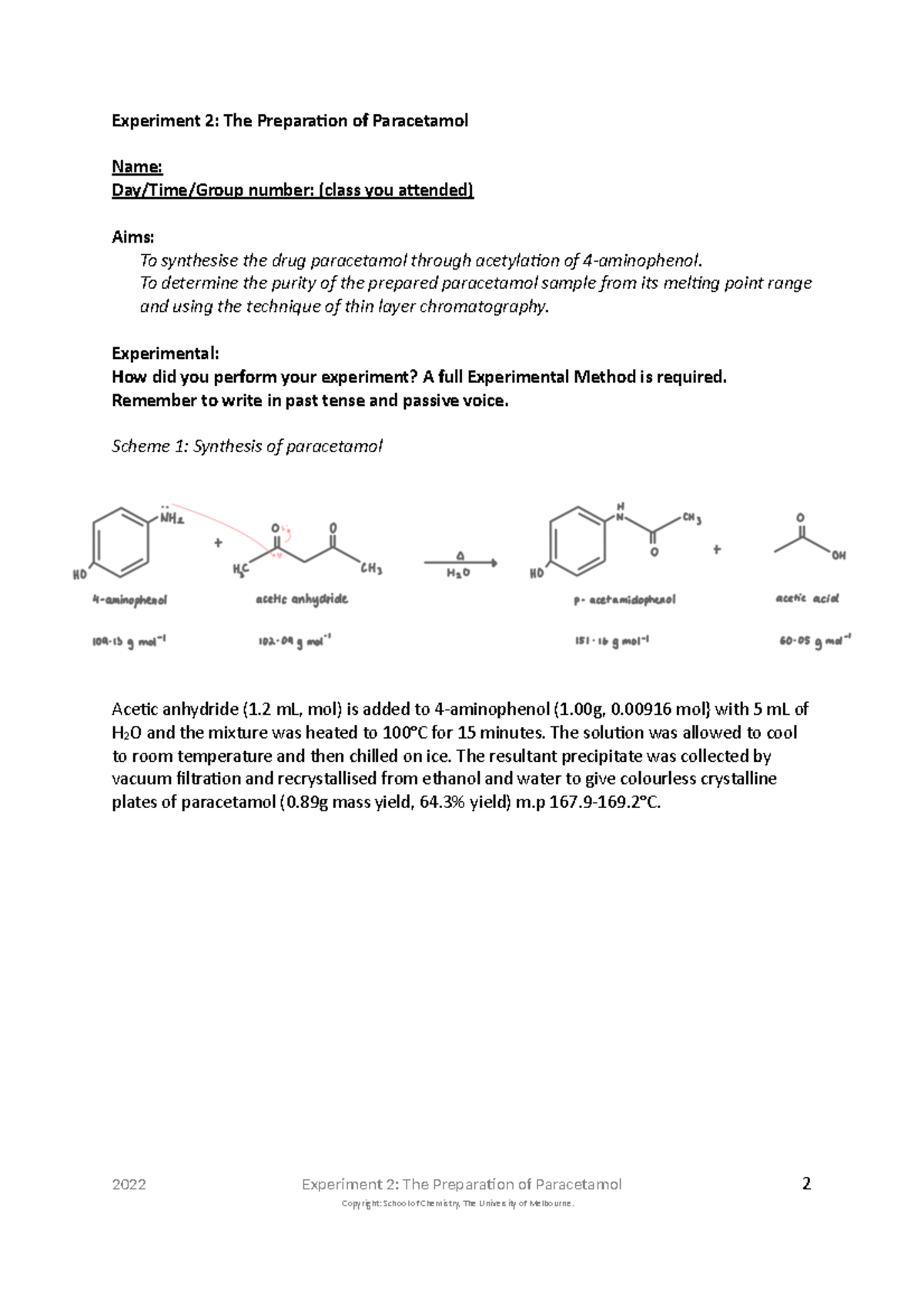 Experiment 2 lab report - Experiment 2: The PreparaFon of Paracetamol ...