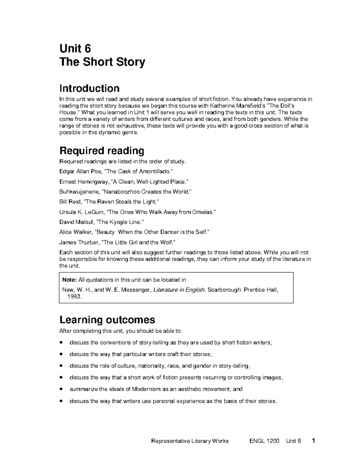 Unit6 - Lecture notes 6 - Unit 6 The Short Story Introduction In this ...