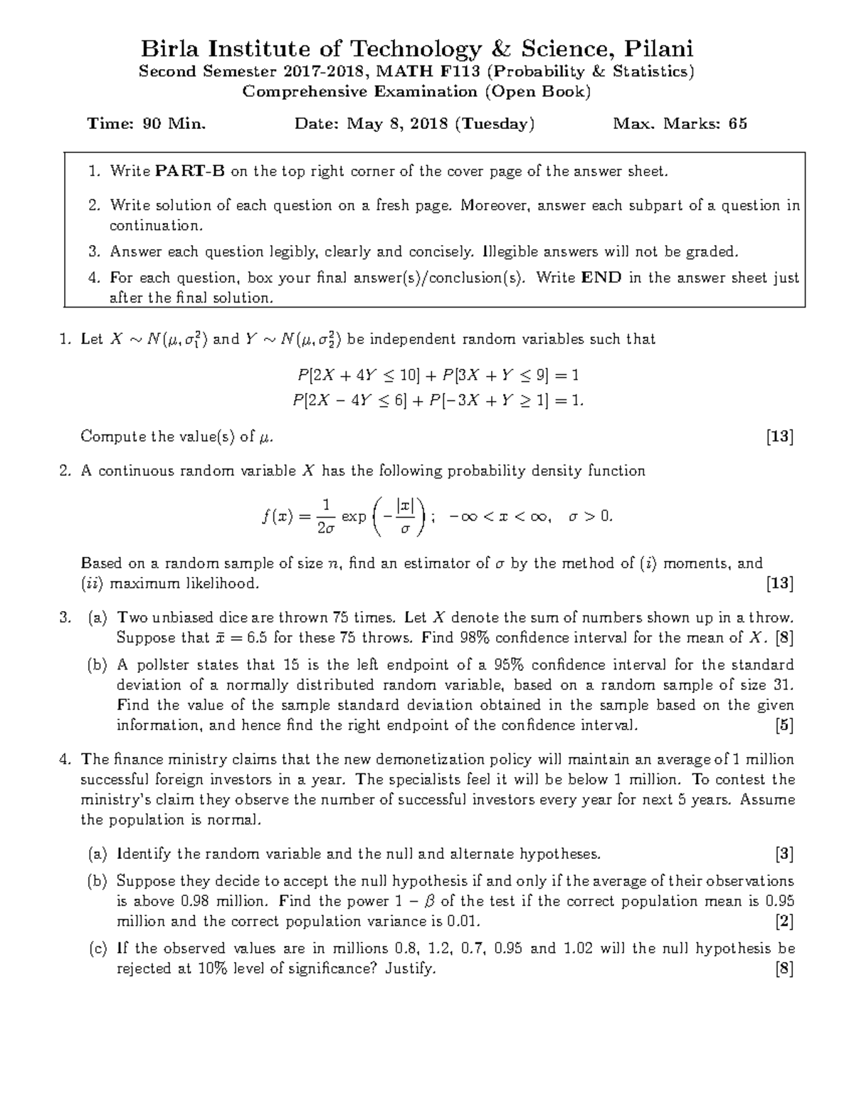 MATH F113 1012 CM 2017 1 - Probability & Statistics - BITS Pilani - Studocu